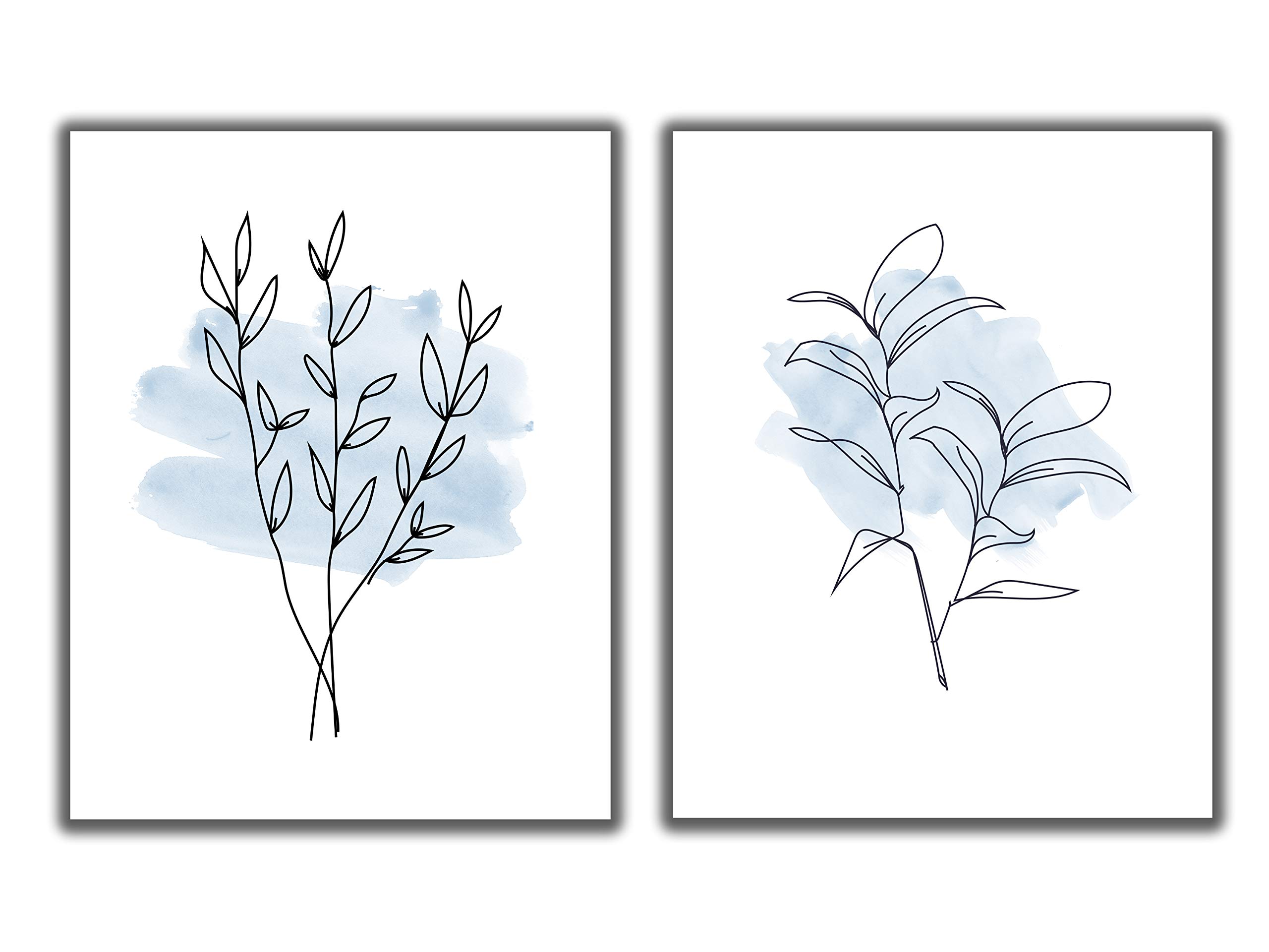 Line Art Botanicals with Blue Watercolor Brushstrokes Wall Print - Set of 2 11x14 UNFRAMED, Abstract Decor. Clean, Contemporary Sketches of Branches with Leaves.