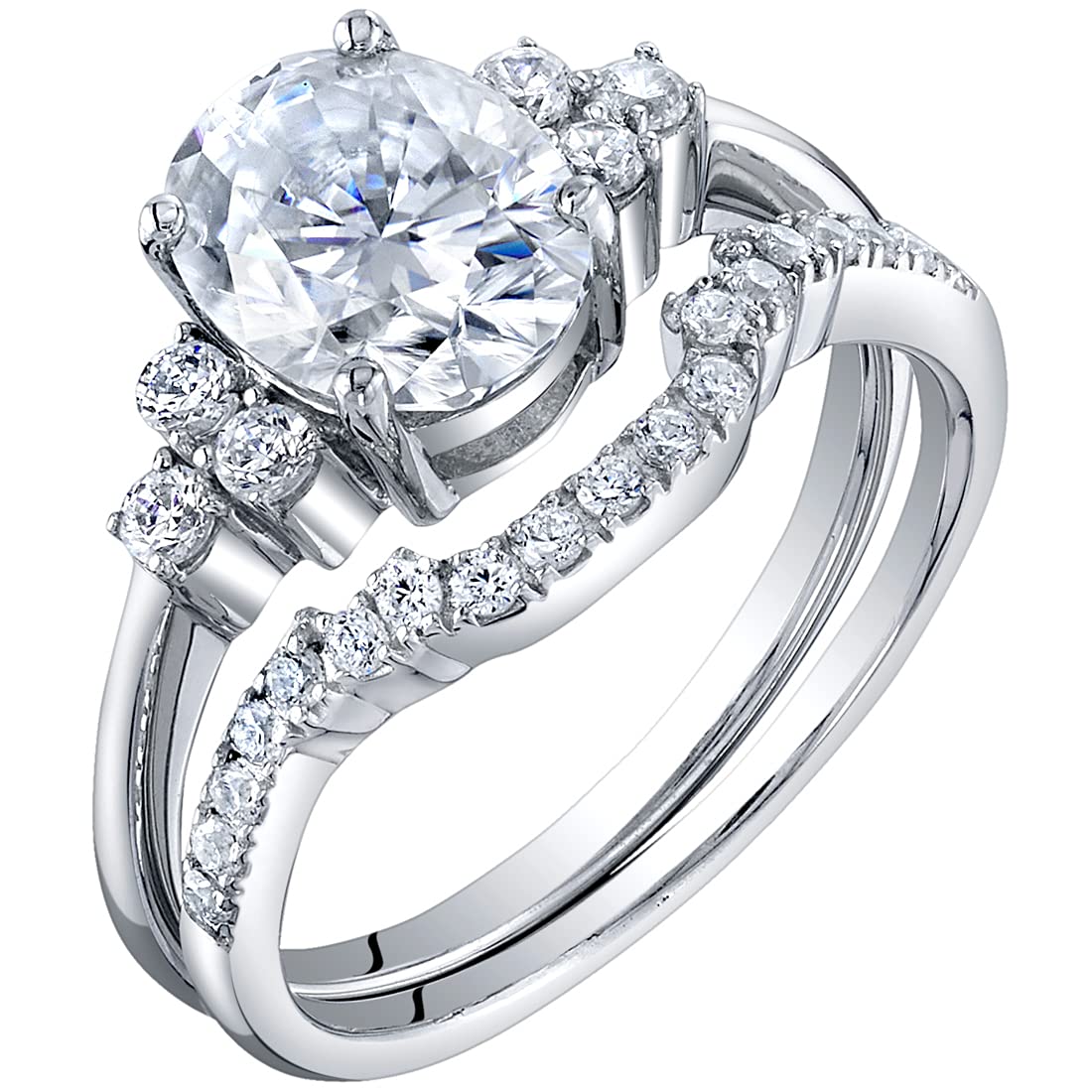 PEORA Moissanite Oval Cut Engagement Ring and Wedding Band Bridal Set in Sterling Silver, 2 Carat Center, DE Color, VVS Clarity, Size 9.5