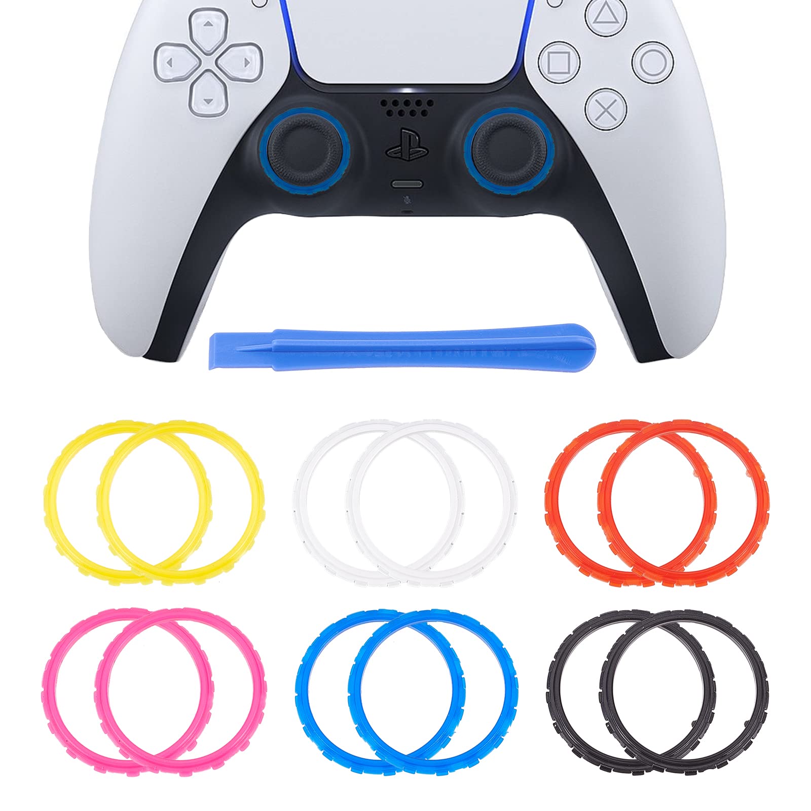 SUPERFINDINGS 12Pcs 6 Colors Controller Accent Ring Plastic Decorative Accent Rings with 1Pc POM Resin Pry Tool Custom Accent Rings 22x2.5mm for Controller Game Controller