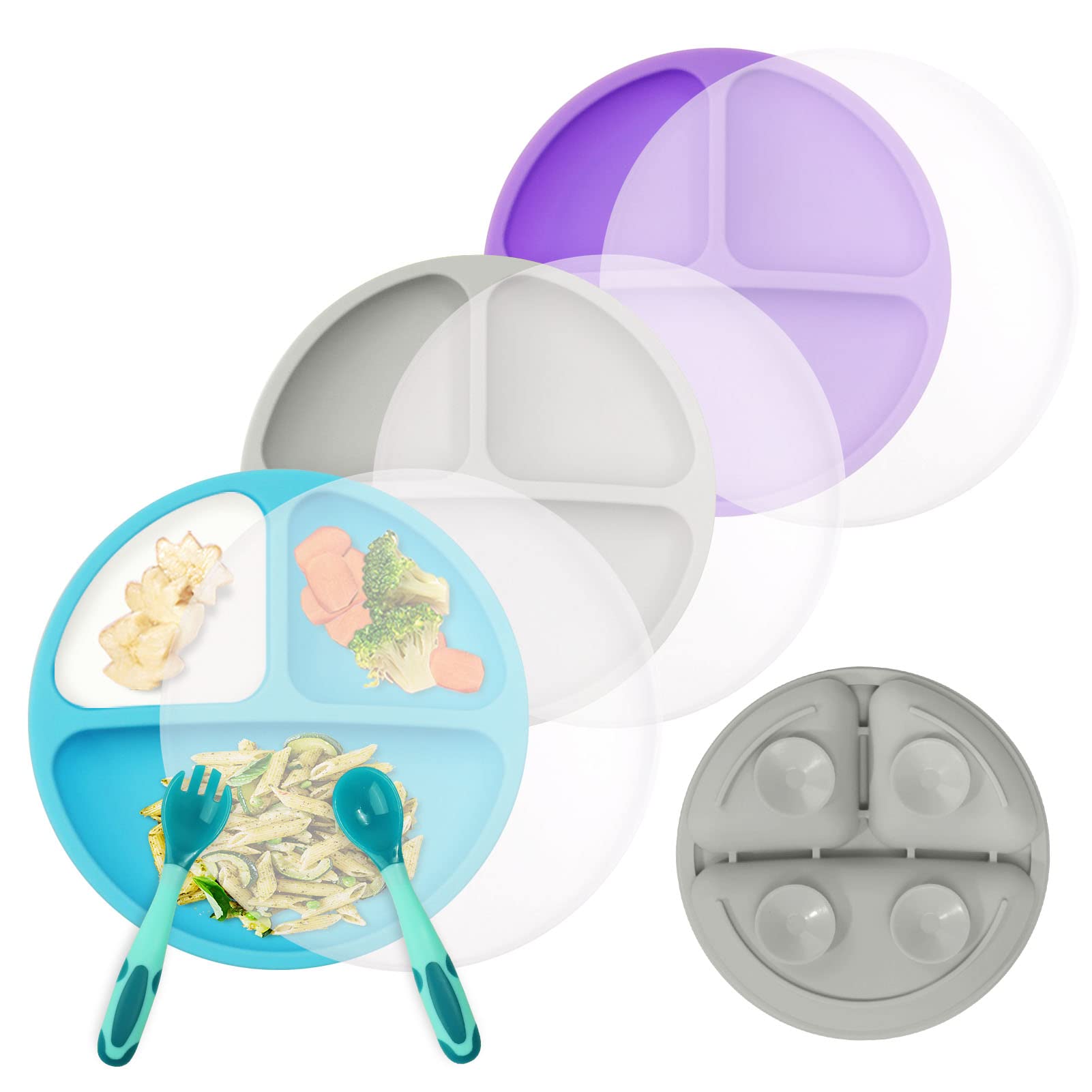 Wee me Suction Plates for Babies & Toddlers - Silicone Plates with Lids and Spoon Fork For Baby, Dishwasher and Microwave Oven Safe, 3 Pack (Ether, Sage & Blush)