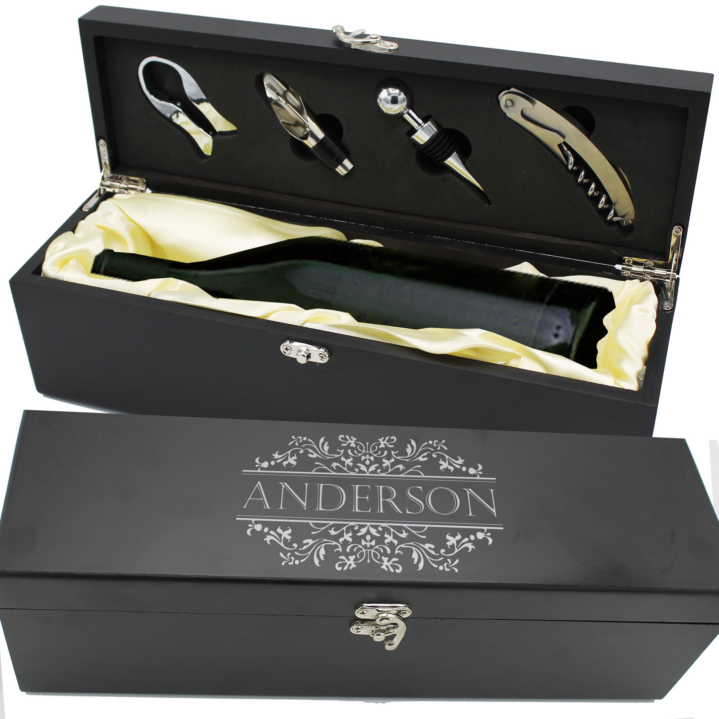 Personalized Wood Wine Box - Anniversary Ceremony Couples Wedding Wine Box Holder - Custom Engraved (Black Matte)