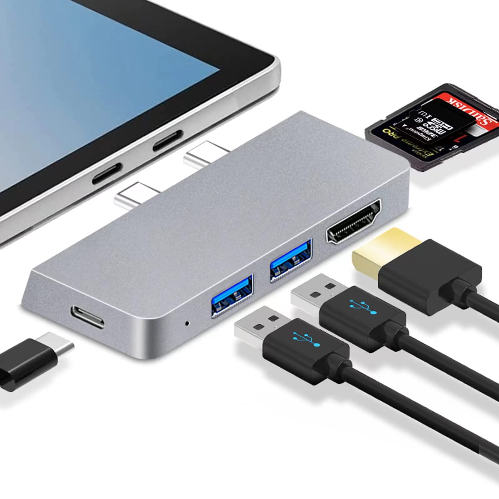 Surface Pro 8/Pro 9/Pro X USB C Hub, 6-in-2 Aluminum Surface Pro 2021 Dock with 4K HDMI Adapter, USB C Audio & Data Transfer Port , 2 USB 3.0, SD/TF Card Reader, Converter Combo Adaptor