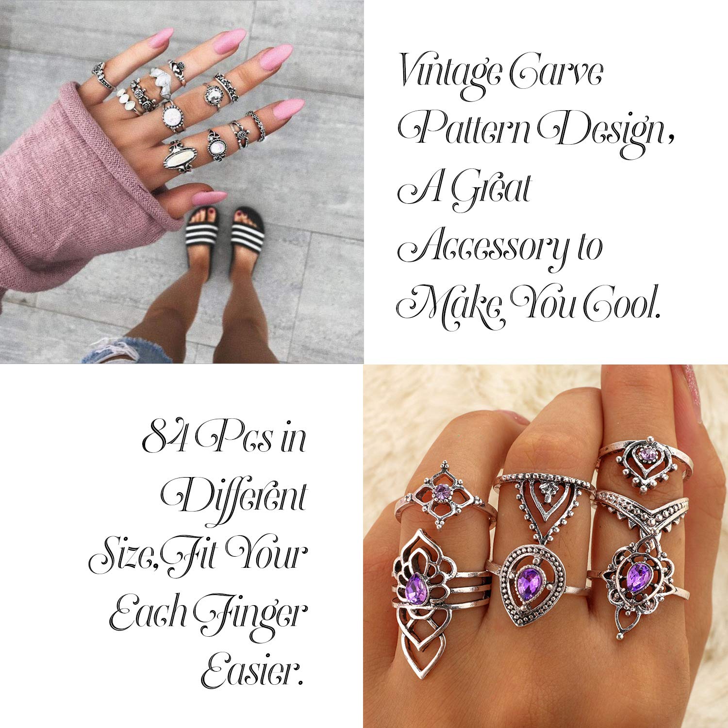 LOLIAS 84 Pcs Vintage Knuckle Ring Set for Women Stackable Rings Set Hollow Carved Flowers (D:84 Pcs a Set)