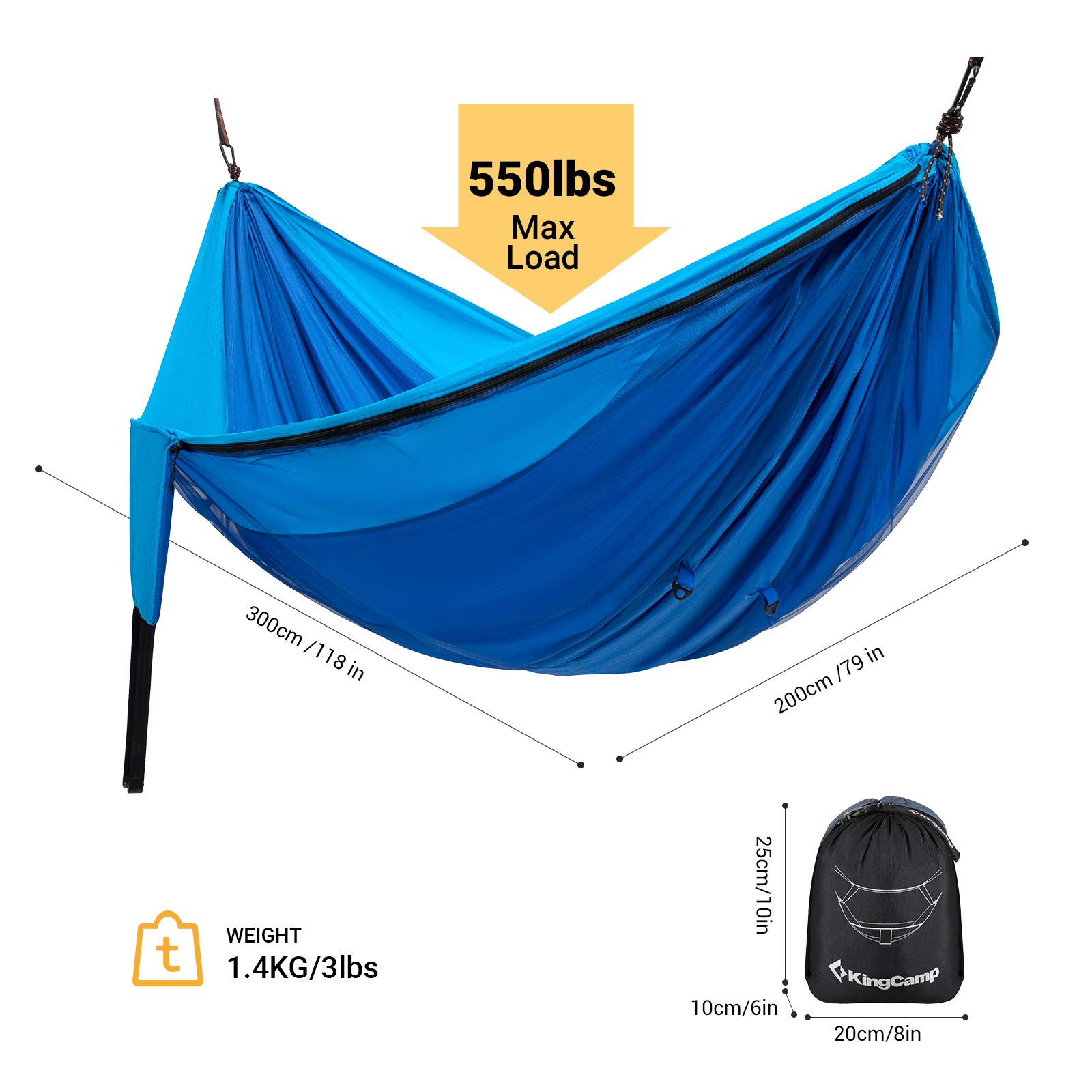 KingCamp Camping Hammock with Net Double & Single Portable Hammocks 2 Person Hammock Lightweight Hammock with Tree Straps Outdoor Hammock for Camping Backpacking Support to 550lbs(Blue)
