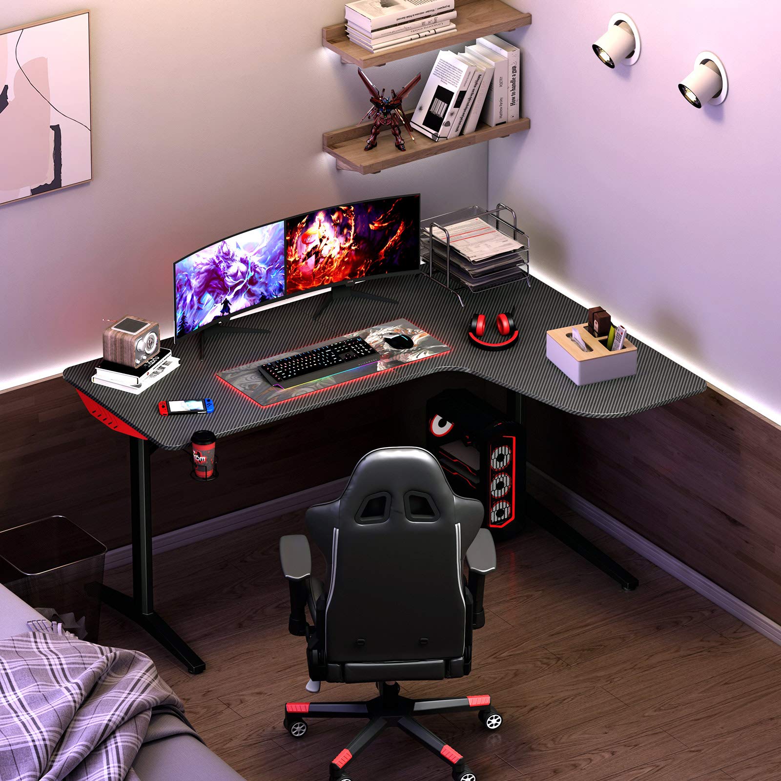 MOTPK Large L-Shaped Gaming Desk, 60 inch Corner Computer Gaming Desk, Writing Studying Table PC Laptop Workstation for Home Office, with Mouse Pad and Cup Holder