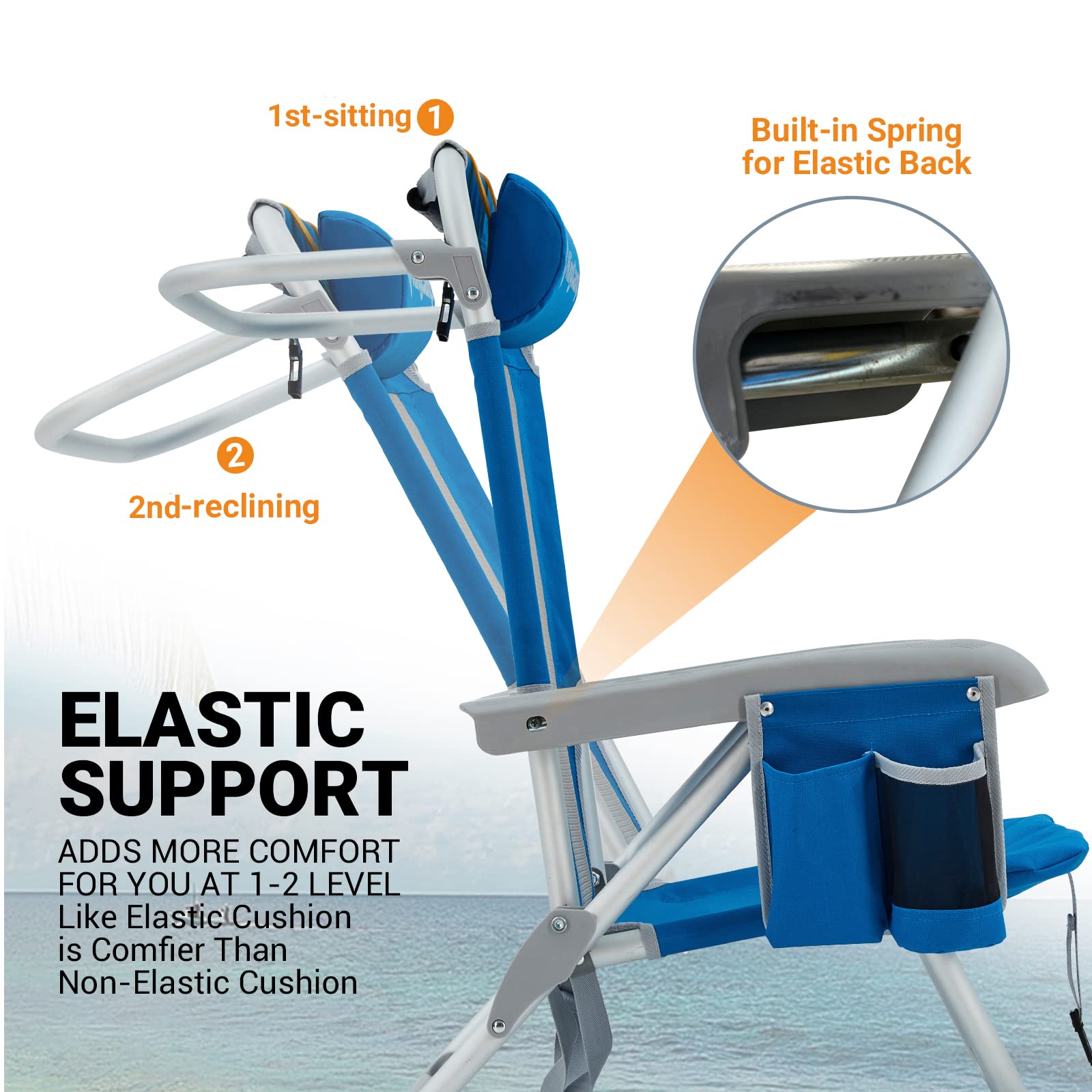 KingCamp Elastic 3 Aluminium Backpacking, Reclining Low Profile Sitting Beach Chair with headrest,Straps,Cup Holder for Outdoor Picnic Concert Travel Festival, One Size, Adjustable Back-1 Pack