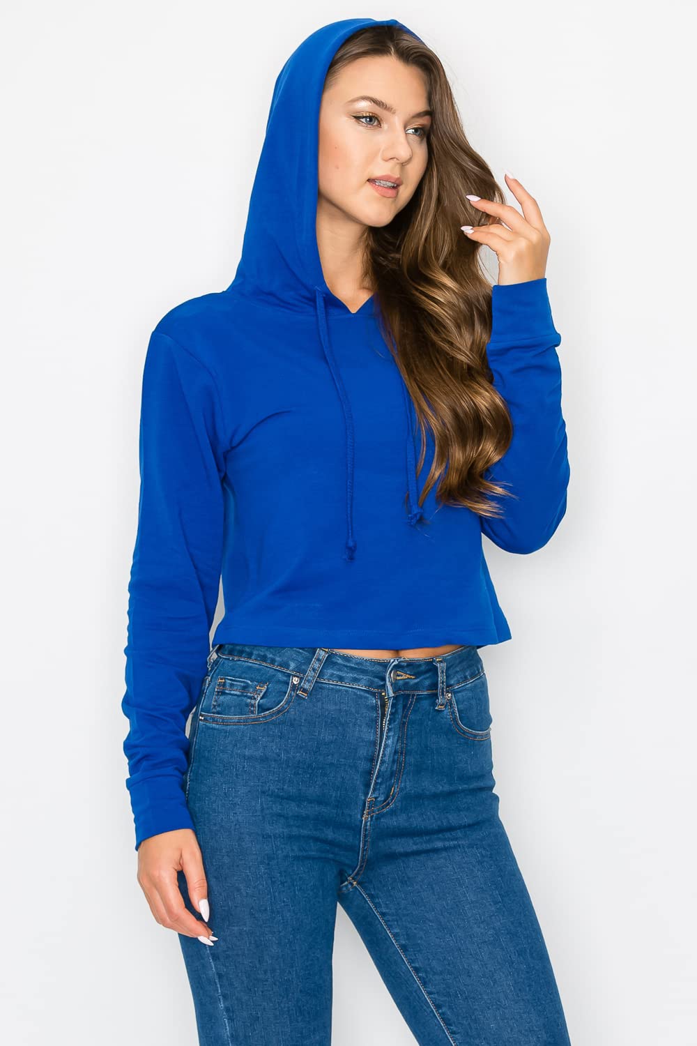 Sheismine Women's Crop Hoodie Pullover - Casual French Terry Long Sleeve Cropped Top Basic Active Running Yoga Sweatshirt FT4805 Royal L