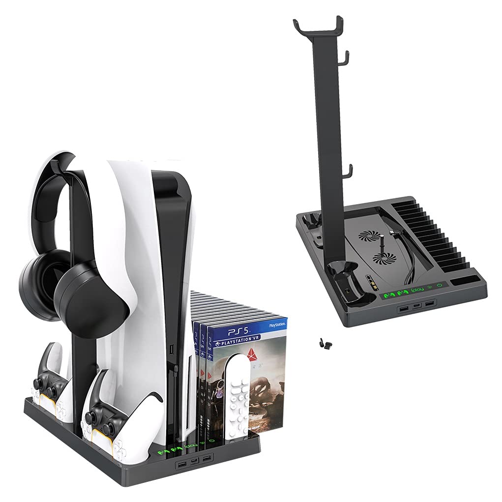 LVHI Vertical Stand for PS5 with Cooling Fan Digital Edition/Ultra HD Playstation 5 Stand Controller Charge Station with Dual Controllers EXT Port Charger Dock and 15 Game Slots