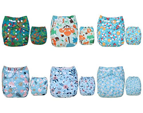 TDIAPERS Baby Cloth Diapers Washable Reusable One Size Adjustable for Baby 6 Pack with 6 Pcs Microfiber Inserts, 1 Wet Bag