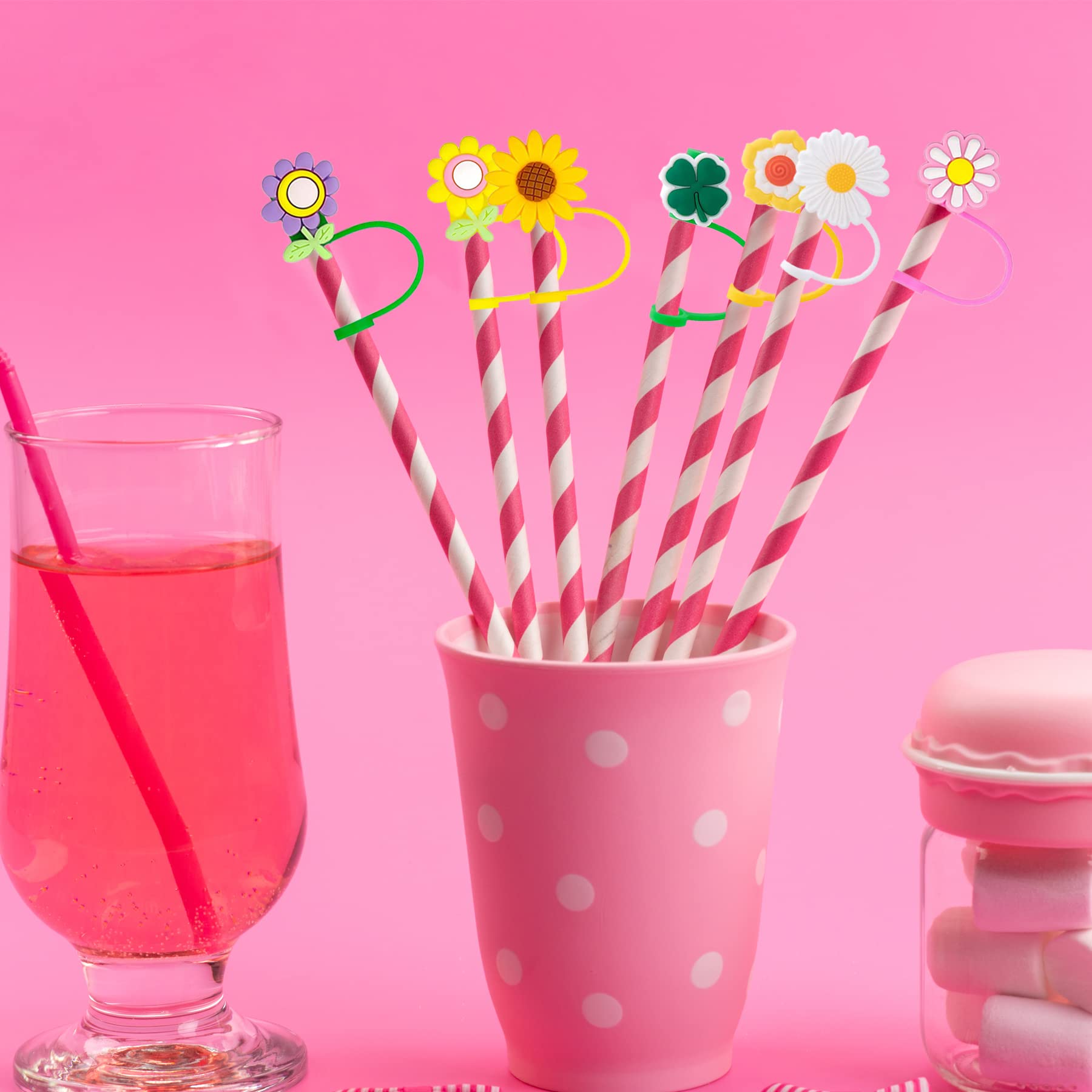 Straw Covers Cap 8pcs Silicone Flowers Straw Cover for Reusable Straws Cute Anti-dust Straw Tips Covers Set,Straw Protector Cover, Reusable Straws Plug for 6-8 Mm(1/4 Inch) Straw Travel Home Outdoor