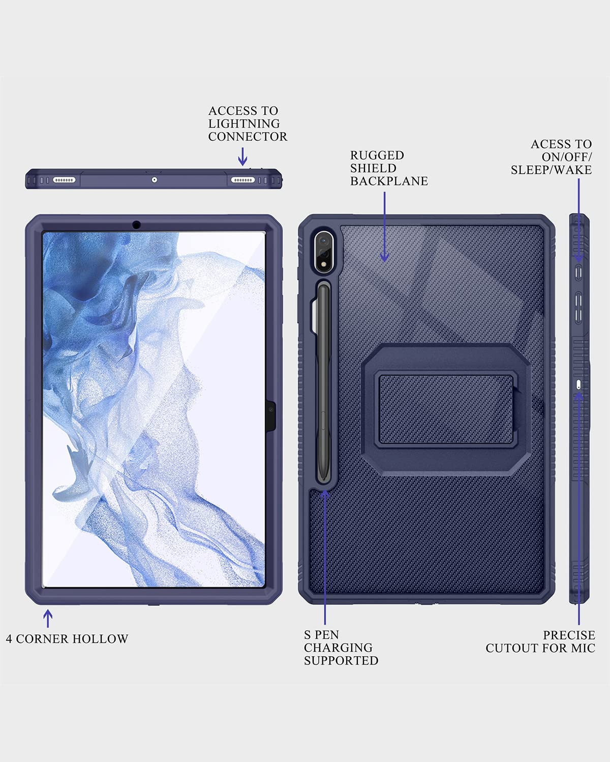 Supveco Case for Samsung Galaxy Tab S8 Plus 2022/ S7 FE 2021/ S7 Plus 2020 12.4 Inch, Full Body Protective Cover with Built-in Screen Protector & S Pen Holder, Rugged Heavy Duty Tablet Case, Dark Blue