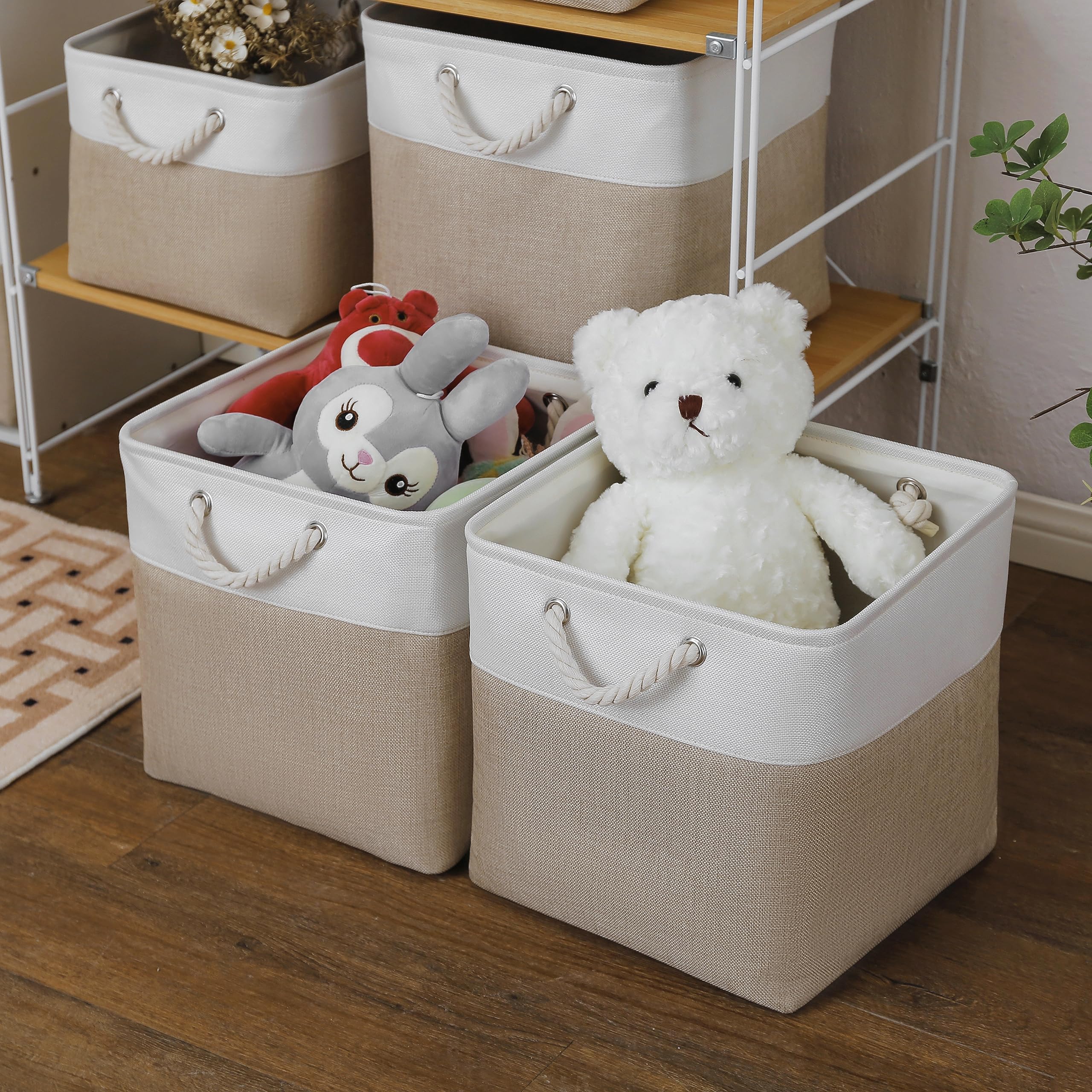 MidmmVick 13 x 13 Inch Cube Storage Bins, 4 Pack Large Collapsible Fabric Storage Bin with Ropes, Foldable Storage Cubes for Home, Office,Closet, Clothes, Toys Organizer (White & Beige)