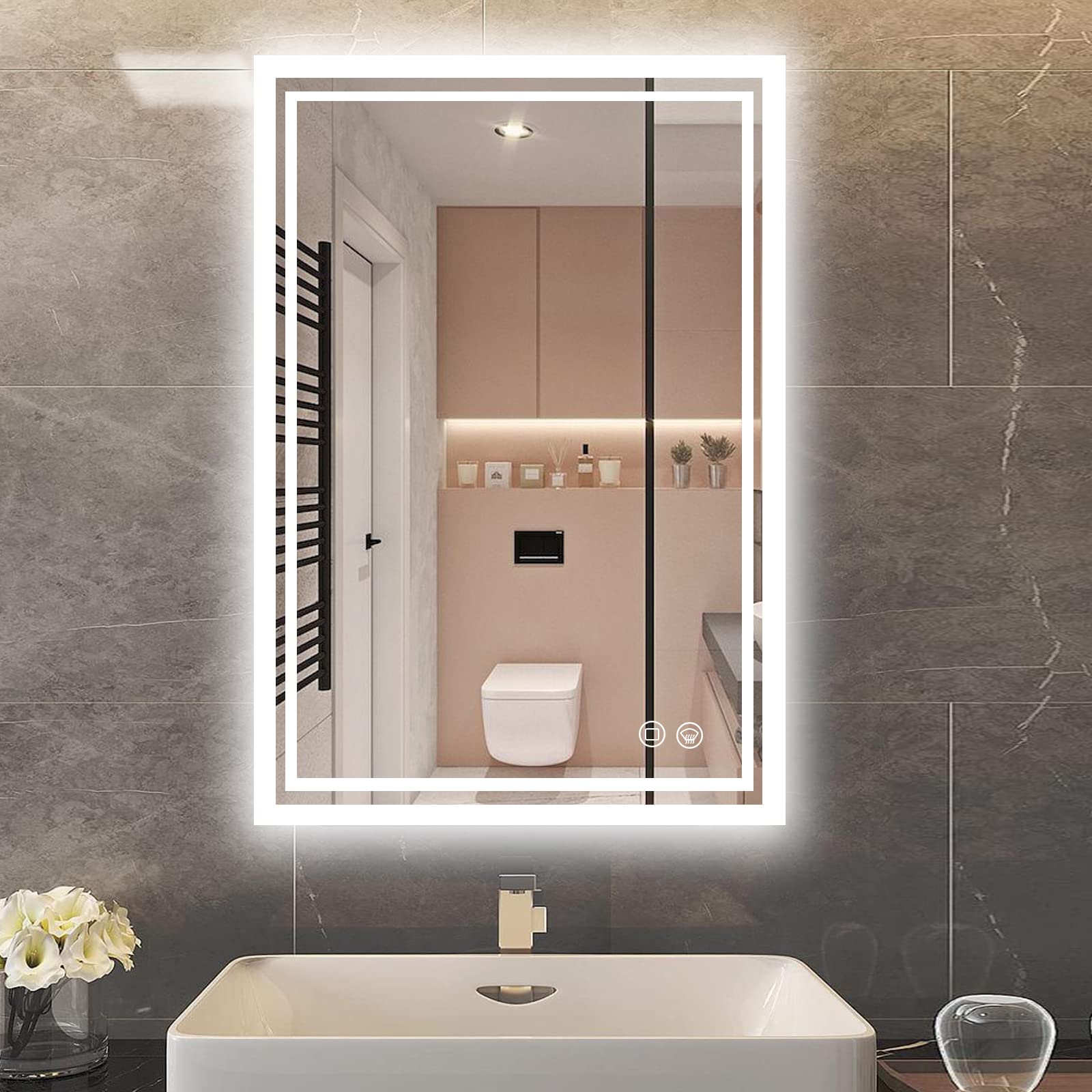 N-Hocezyg LED Bathroom Mirror 36 x 28 with Front and Backlight, Lighted Bathroom Vanity Mirror, Wall Mounted Anti-Fog Makeup Mirror, 3 Colors Warm/Natural/White Lights (Vertical/Horizontal)