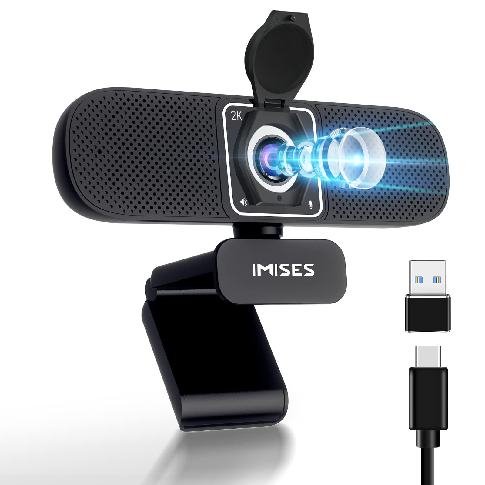 USB C Webcam, 2K Webcam with Microphone and Speaker, 3 in 1 Webcam with Auto Focus and White Balance, 90°Wide FoV, Laptop Camera with Privacy Cover, Plug & Play for Conference/Streaming/Video Calls