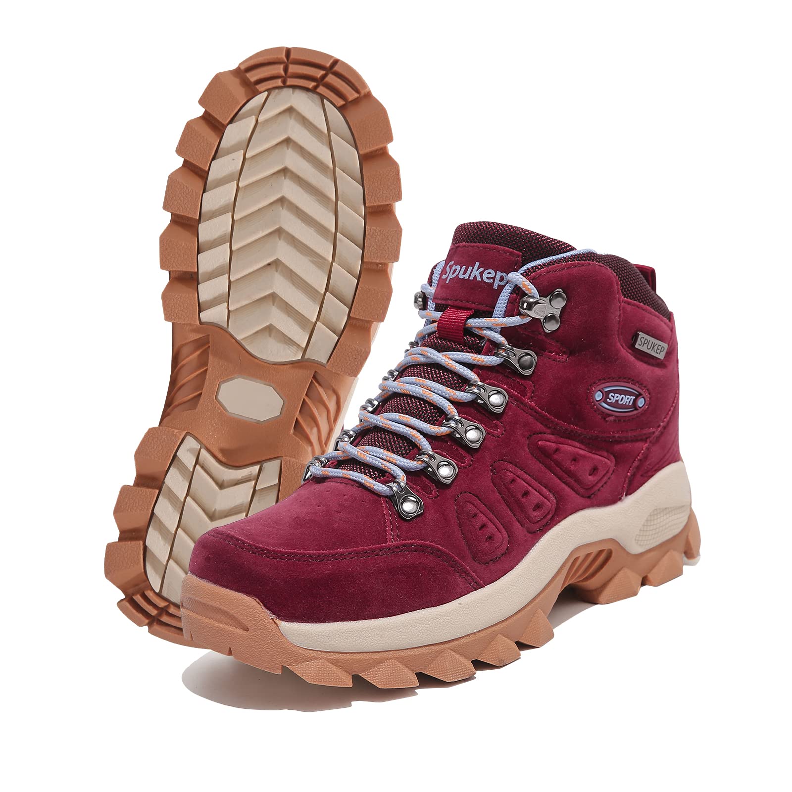 SPUKEP Women Hiking Boots Waterproof Mid Work Shoes Lace Up Suede Leather Walking Trekking Mountain Outdoor