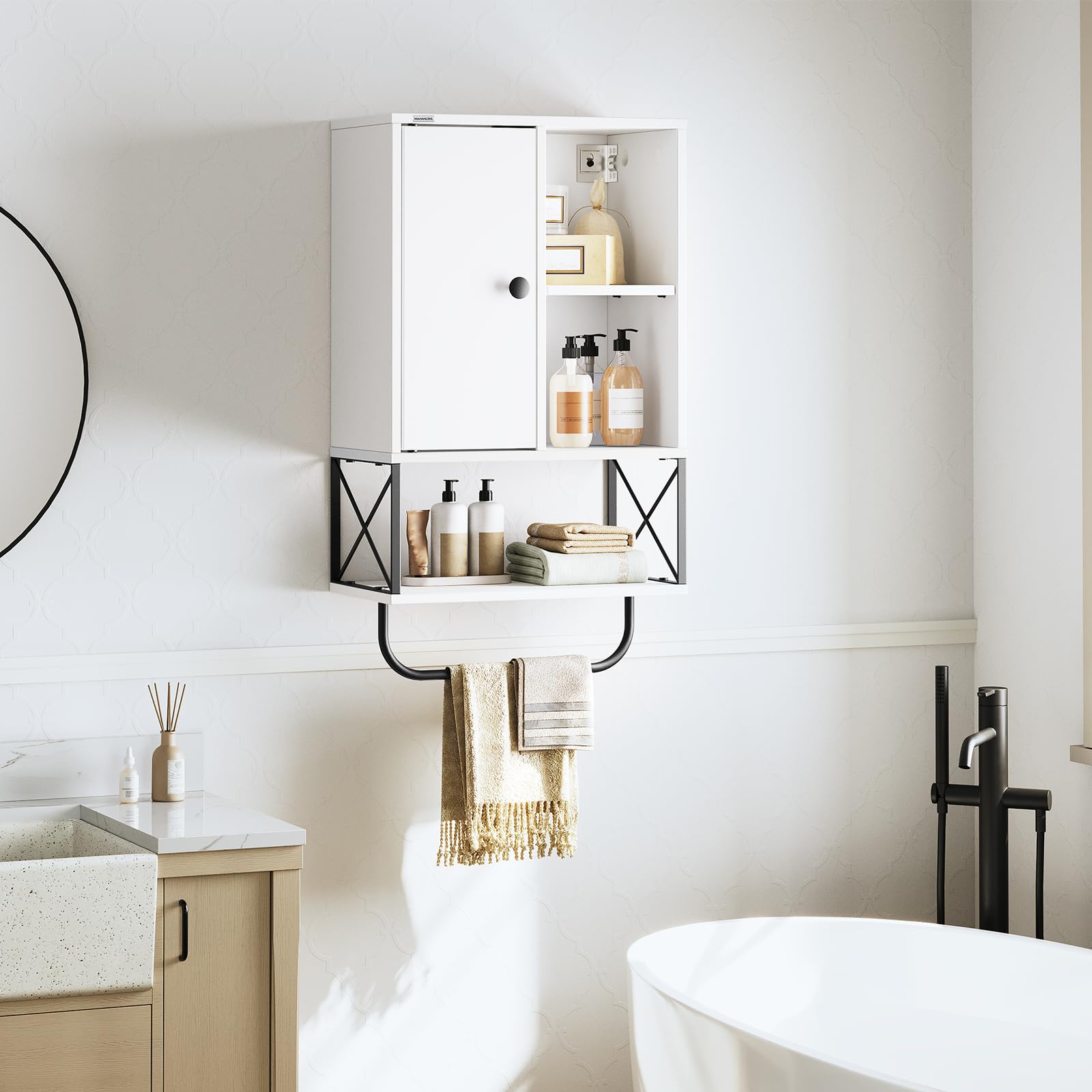 MAHANCRIS Bathroom Wall Cabinet, Medicine Cabinet with Single Door and Adjustable Shelf, Wall Mounted Over The Toilet Space Saver Storage Cabinet with Open Shelf, Bathroom Organizer, White