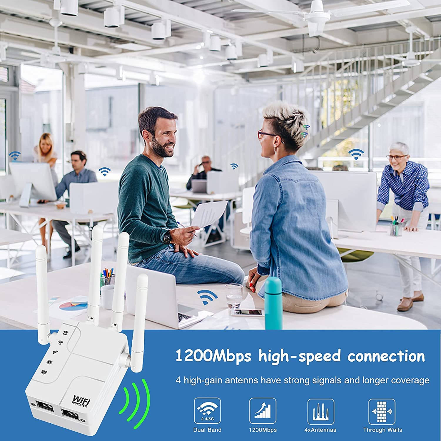 WiFi Extender - 1200Mbps Internet WiFi Booster, Coverage Up to 3000sq.ft, 2.4 & 5GHz WiFi Range Extender Signal Booster for Home, Dual Band 4 Antennas Full Coverage Wireless Signal Amplifier Repeater