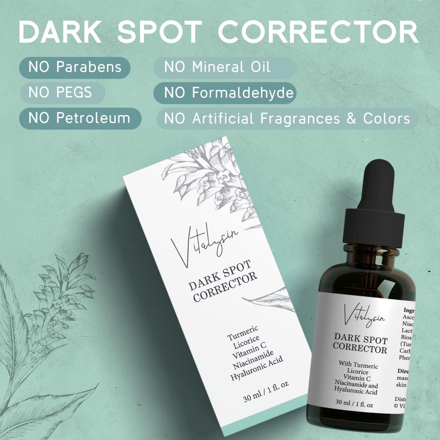 Vitalysin Dark Spot Corrector with Turmeric, Vitamin C and Salicylic Acid, Anti-Aging Brightening Face Serum