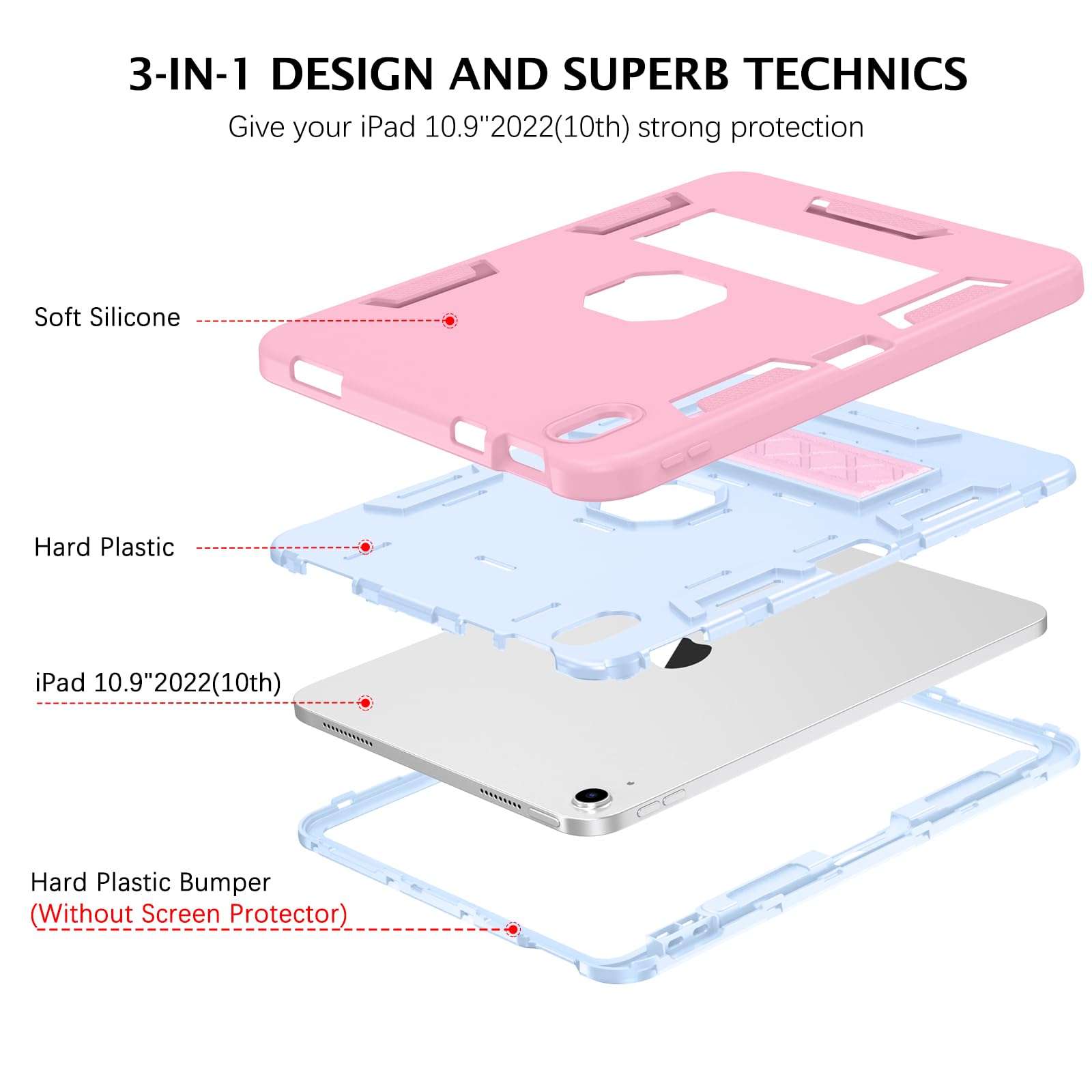 Telaso iPad 10th Generation Case 10.9 inch 2022, iPad 10 Case with Kickstand 3 Layers Heavy Duty Hybrid Soft Silicone Shockproof Protective Case with Pencil Holder for iPad 10th Gen, Pink/Purple