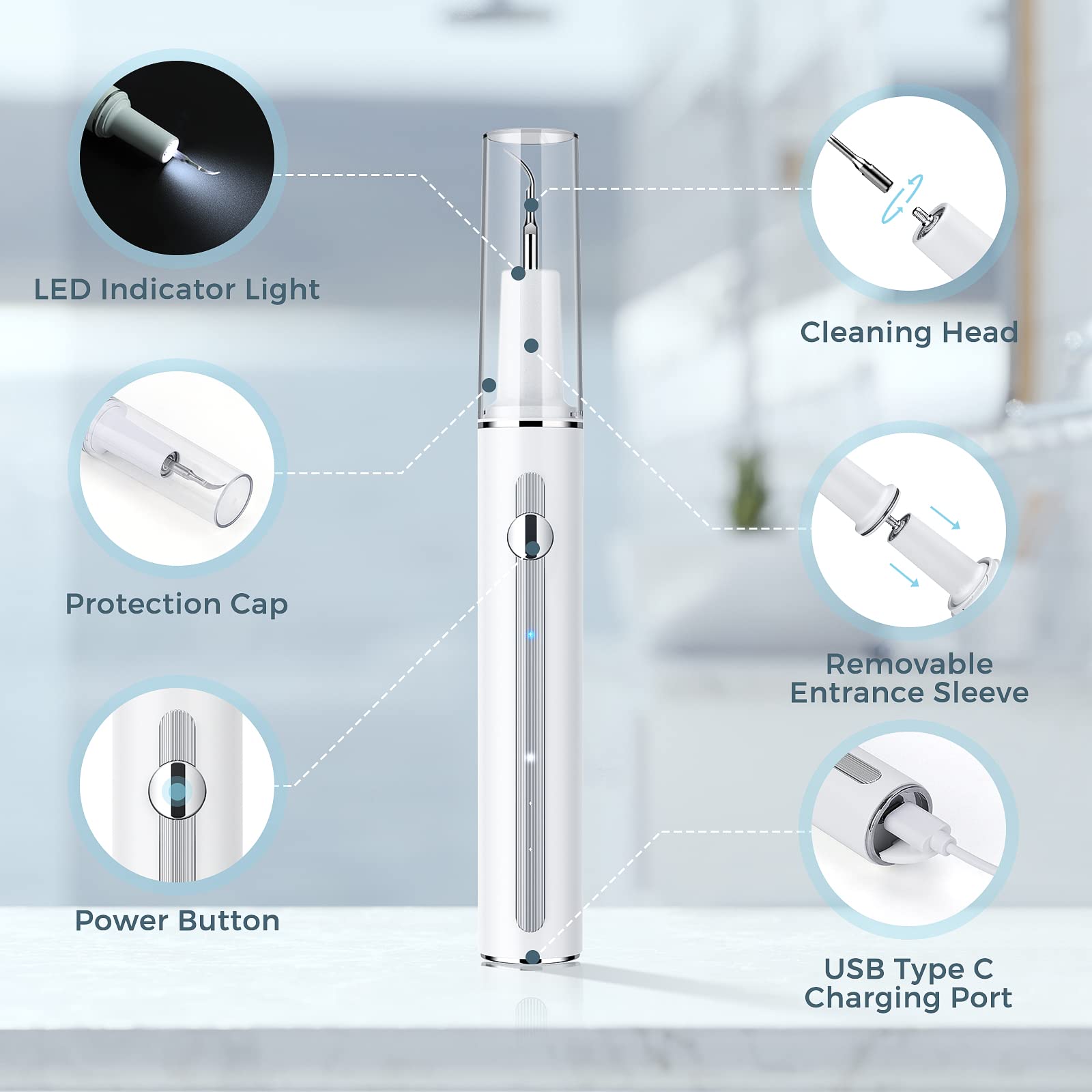 Teeth Cleaning kit, Electric Tooth Cleaning Tool with LED Light,Tooth Cleaner with 3 Modes, Home Teeth Cleaner with 3 Replaceable Inlet Sleeves