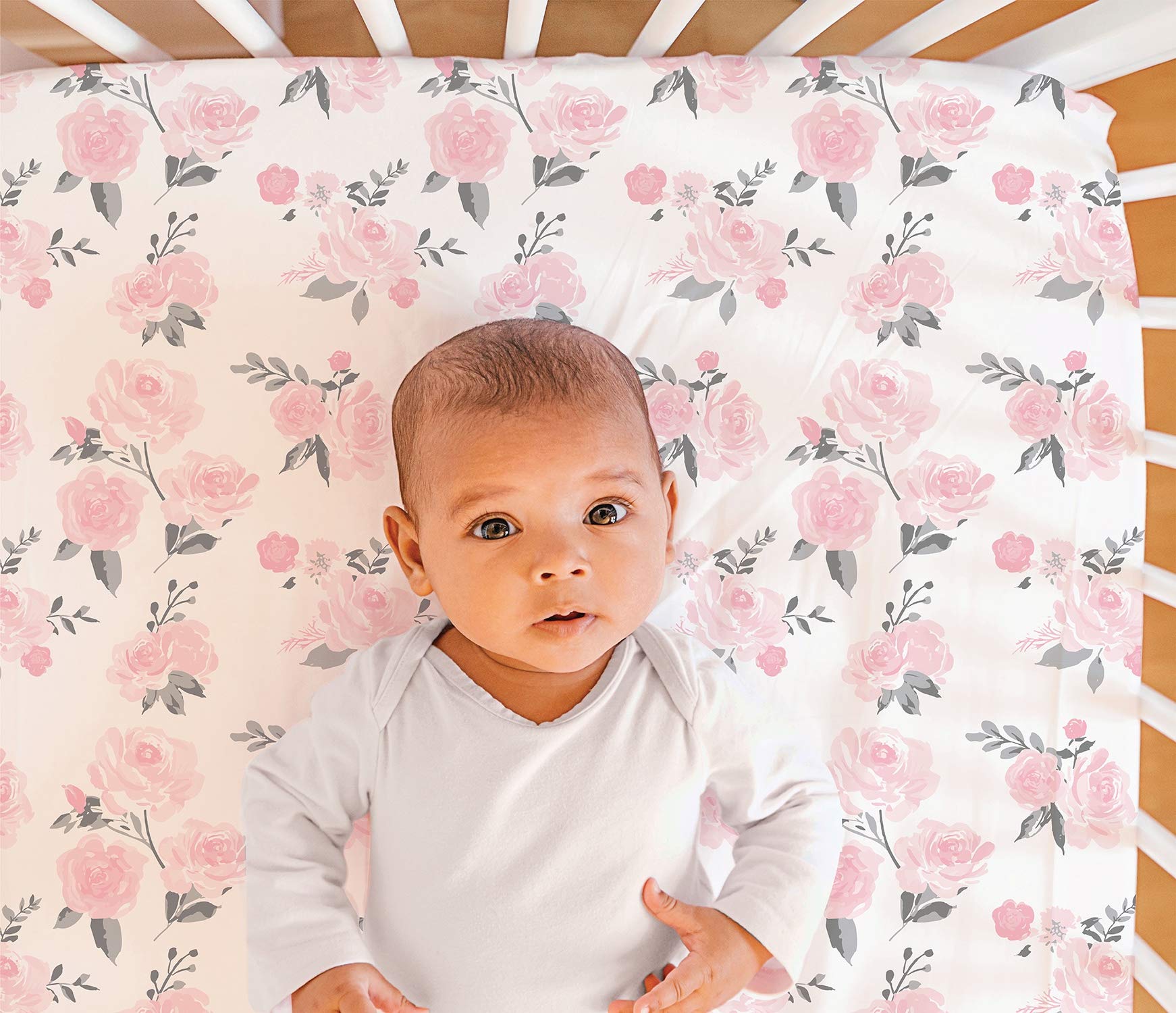 The Peanutshell Celestial Stars and Pink Floral Fitted Crib Sheets for Girls | 6 Pack | Pink, Grey