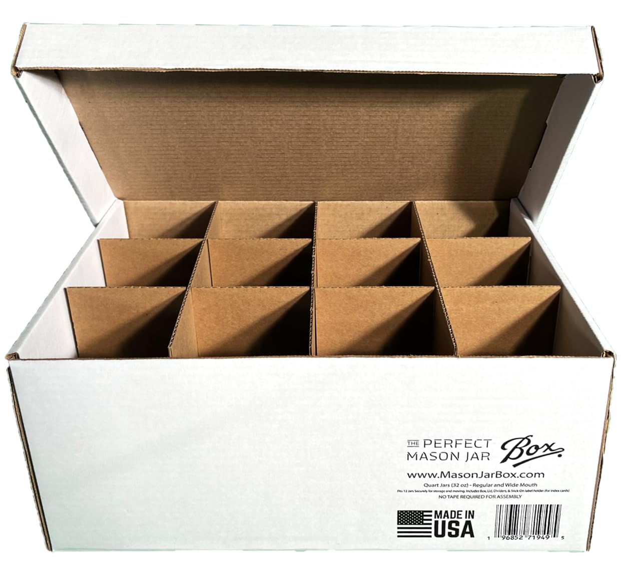 The Perfect Mason Jar Box, Quart. Set of 3 Cardboard Canning Jar Storage & Moving Boxes. Each Box Holds 12 Quart-Size Jars (32 oz), No Tape Required