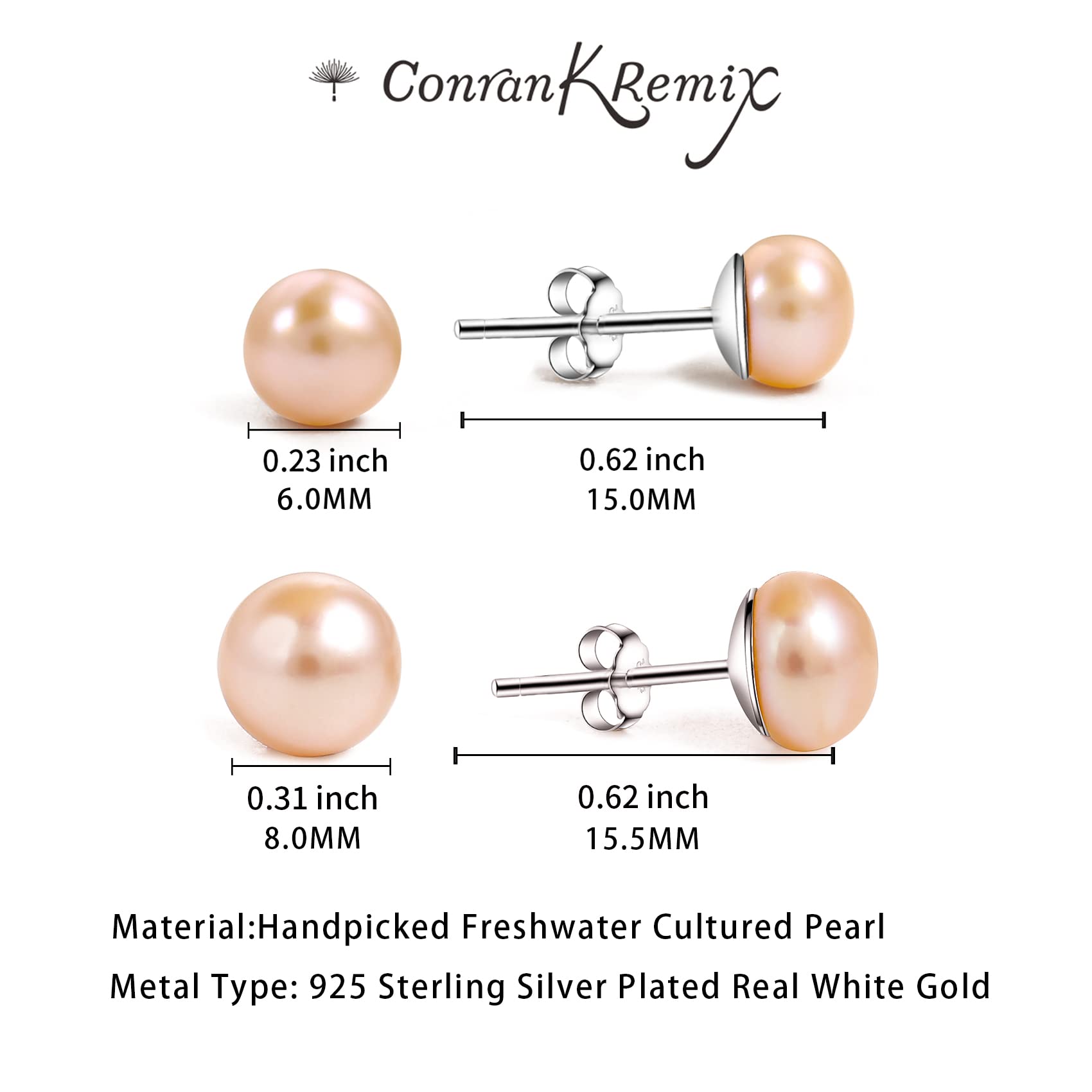 Pink Pearl Stud Earrings For Women 925 Sterling Silver Plated True White Gold AAA+ Quality Handpicked Freshwater Cultured Pearl