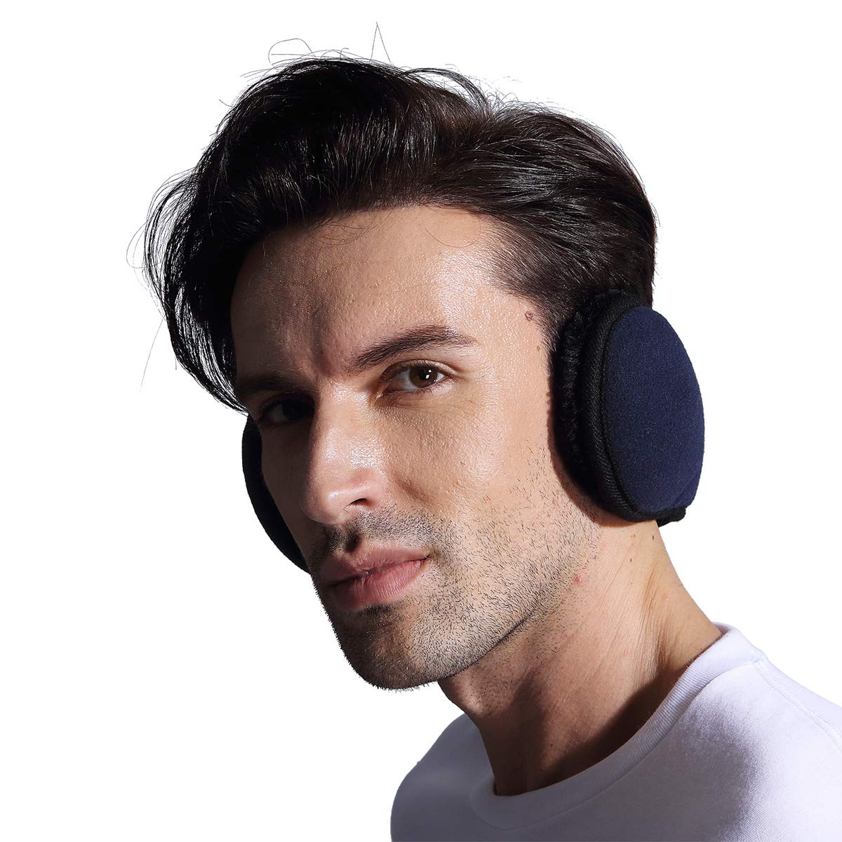 Metog Unisex Foldable Ear Warmers Polar Fleece Winter Earmuffs Black+Navy