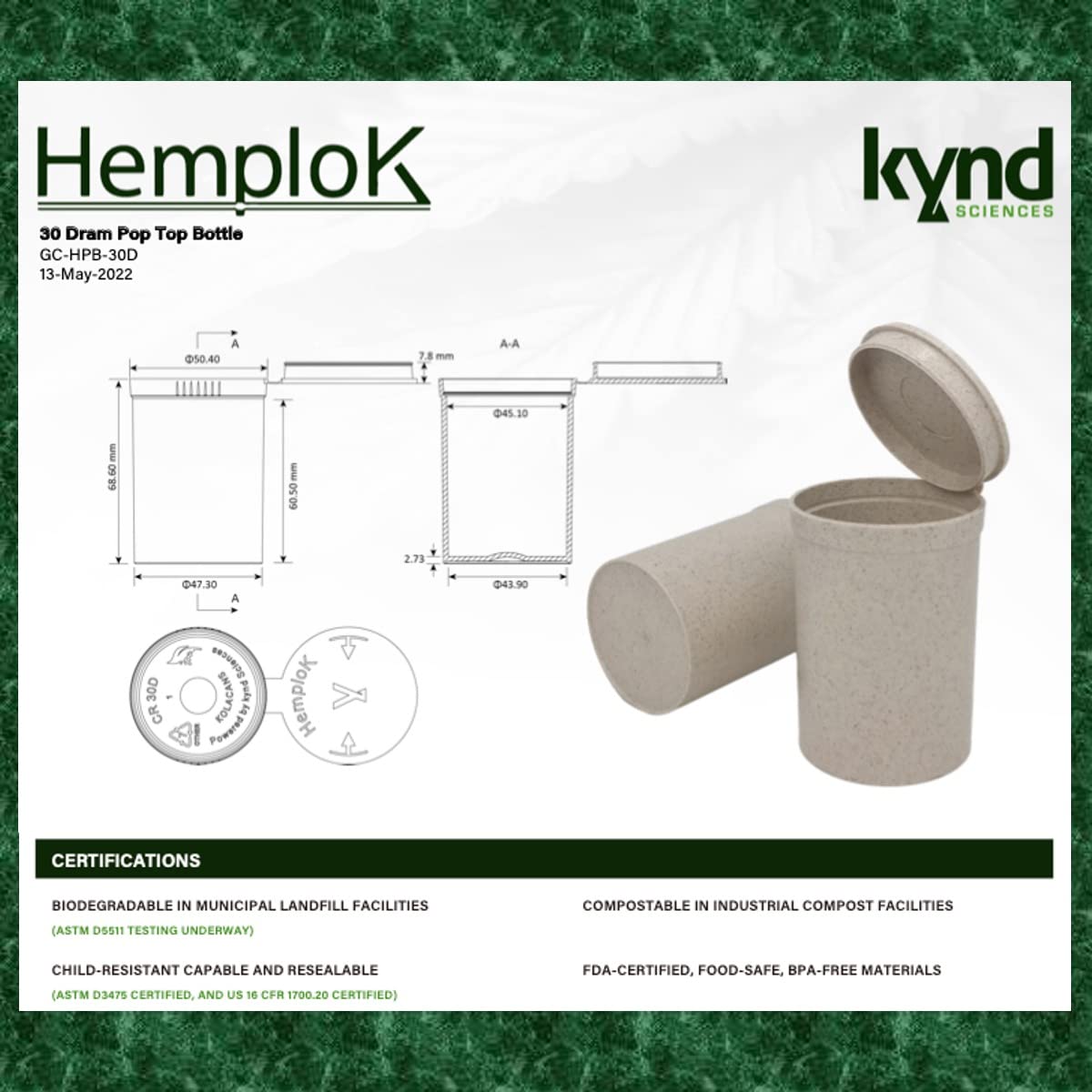 Pop Top Containers by HemploK | 500 Pack of 30 Dram Airtight Storage Containers with Child Resistant Lid | Hemp-Plastic Reusable Waterproof Smell Proof Containers | 7 g [1/4 oz] Pop Top Pill Bottles