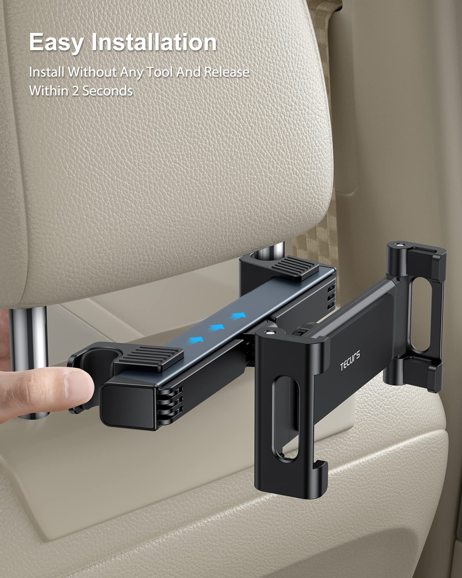 TECURS Car Tablet Headrest Holder - Car Back Seat Headrest Tablet Mount Stand for Kids, Road Trip Essentials, Compatible with iPad Pro/Air/Mini, Nintendo Switch, Other 4.7 to 12.9" Devices, Black