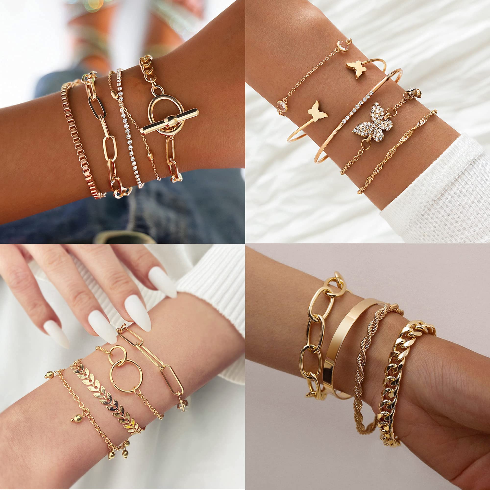 Magitaco 30 PCS (6 PACK) Boho Gold Chain Bracelets Set for Women Multiple Layered Stackable Open Cuff Wrap Bangle Adjustable Fashion Paperclip Link Italian Cuban Jewelry for Women Gift