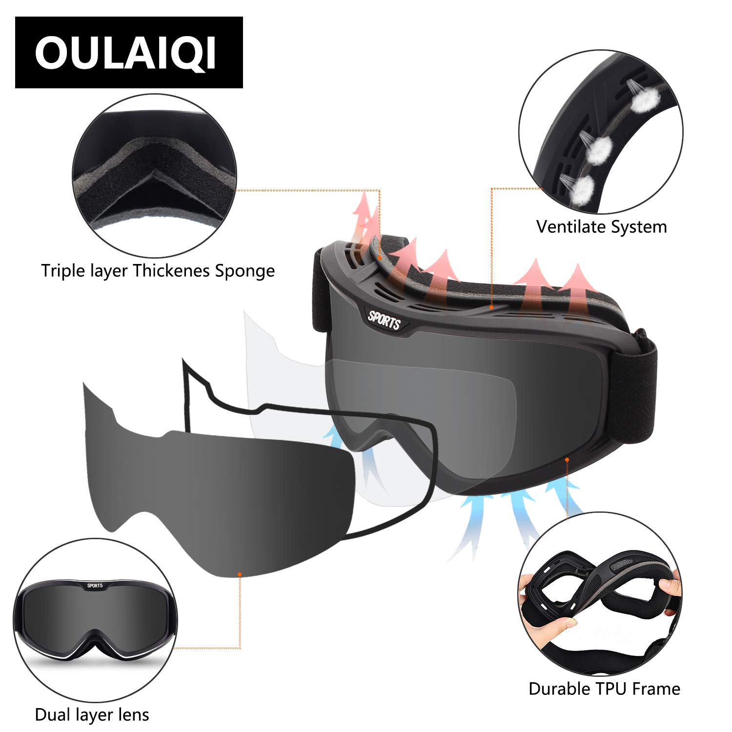 OULAIQI Ski Goggle Snow Goggles For Man Women Windproof Anti-Fog Scratch Resistant Over The Glasses Motorcycle Snowboard Goggles For Skiing Climbing Snowboarding