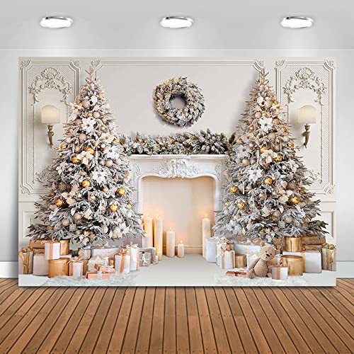 Mocsicka Classic Christmas Interior Room Photography Backdrop White Christmas Fireplace Photo Background Decorated Xmas Tree Family Kids Holiday Party Banner Decorations Photo Booth Props (8x6ft)