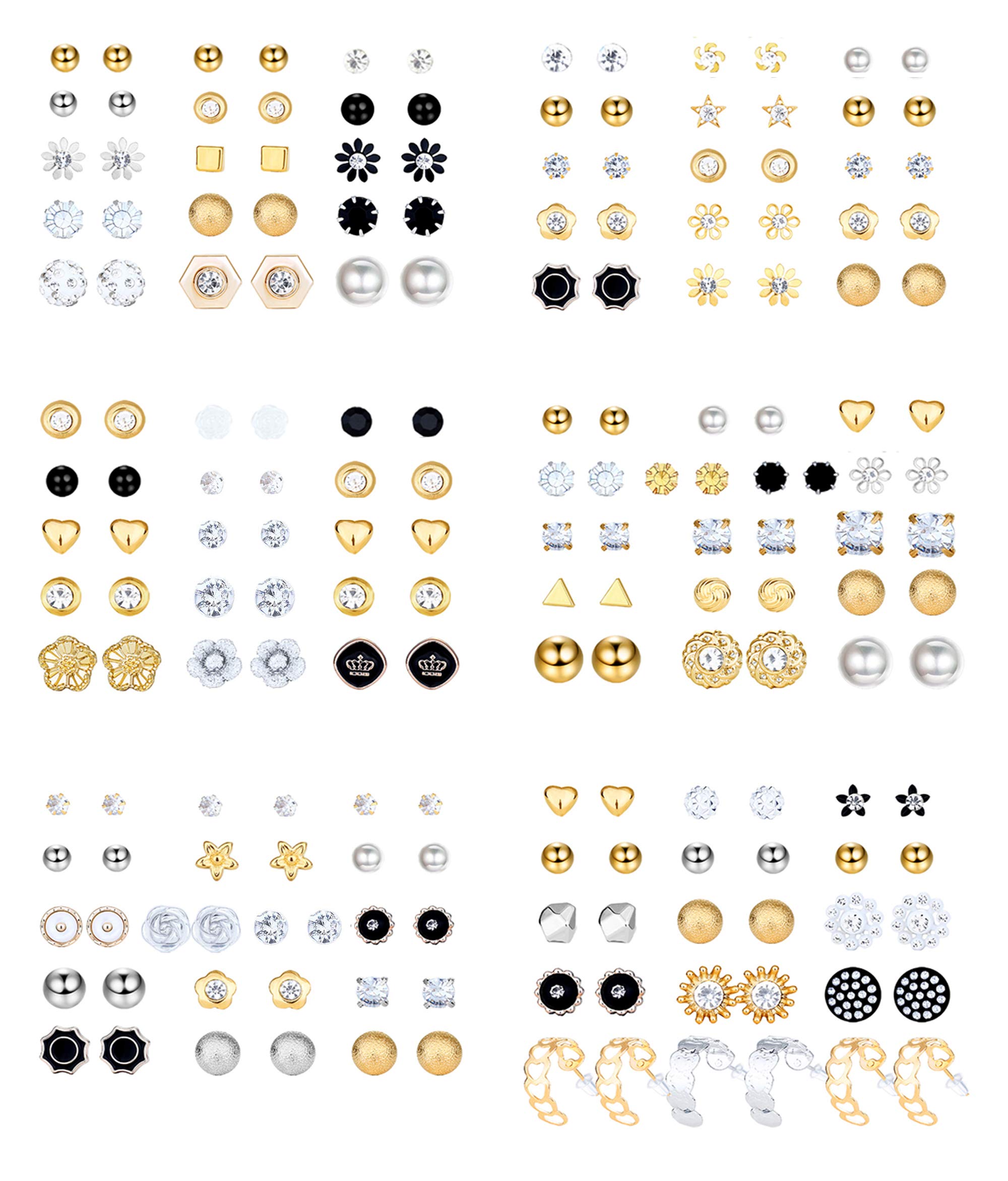 Magitaco 92 Pairs Small Stud Earrings Set for Women Men Simple Triangle Circle Ball Earrings Stud Black Silver Gold Pearl Rhinestone Cute Earrings Pack