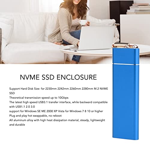 SSD Enclosure, Plug and Play Dual Protocol High Heat Dissipation Aluminum Alloy NVME SSD Enclosure for 2230mm (Blue)