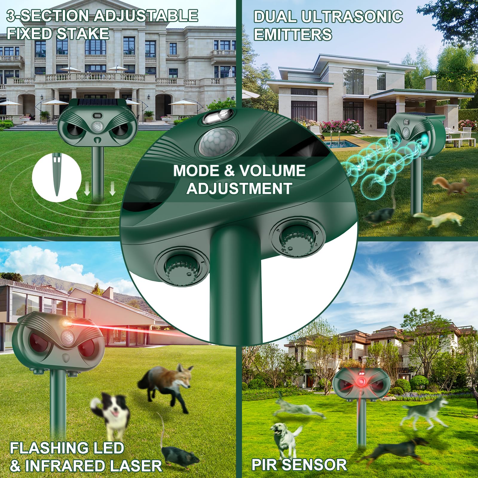 Ultrasonic Solar Animal Repeller, 2024 Upgrade Waterproof Outdoor Solar Powered Groundhog Repeller Gopher Deterrent Chaser Spike to Repell Burrowing Vole Repellent,Rodents for Lawn, Yard