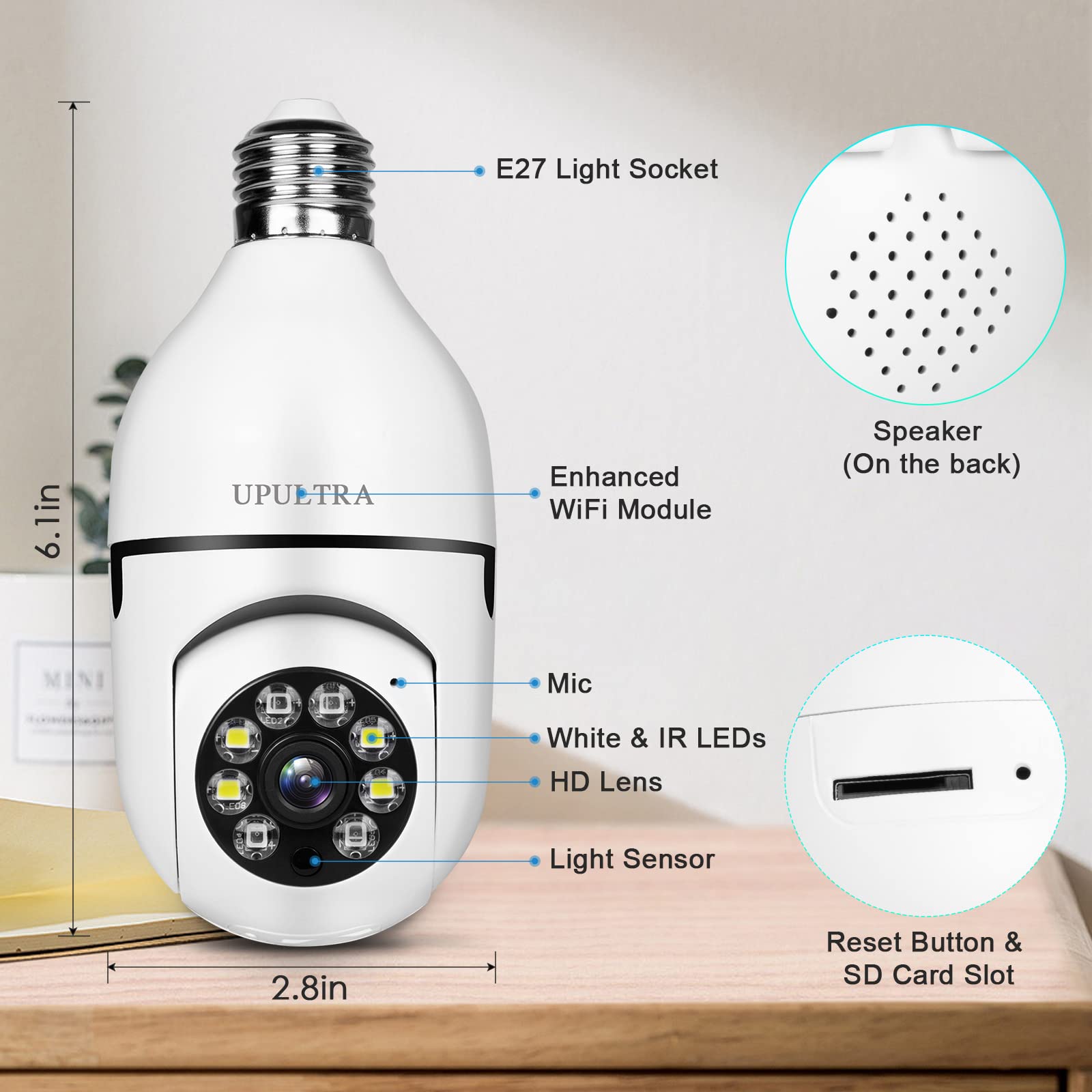 Light Bulb 1080P Security Wireless Camera Wifi Smart for home surveillance Screw into the E27 light bulb socket Spotlight Alarm Color night vision Two-way talk Motion Alarm PTZ 360 Degree(2packs)