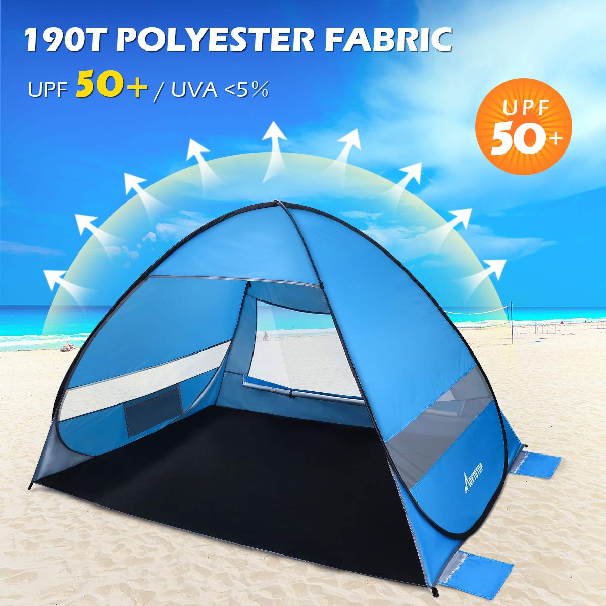 Pop Up Beach Tent for 4 Person Easy Setup and Portable Beach Shade Sun Shelter Canopy with UPF 50+ UV Protection for Family Size