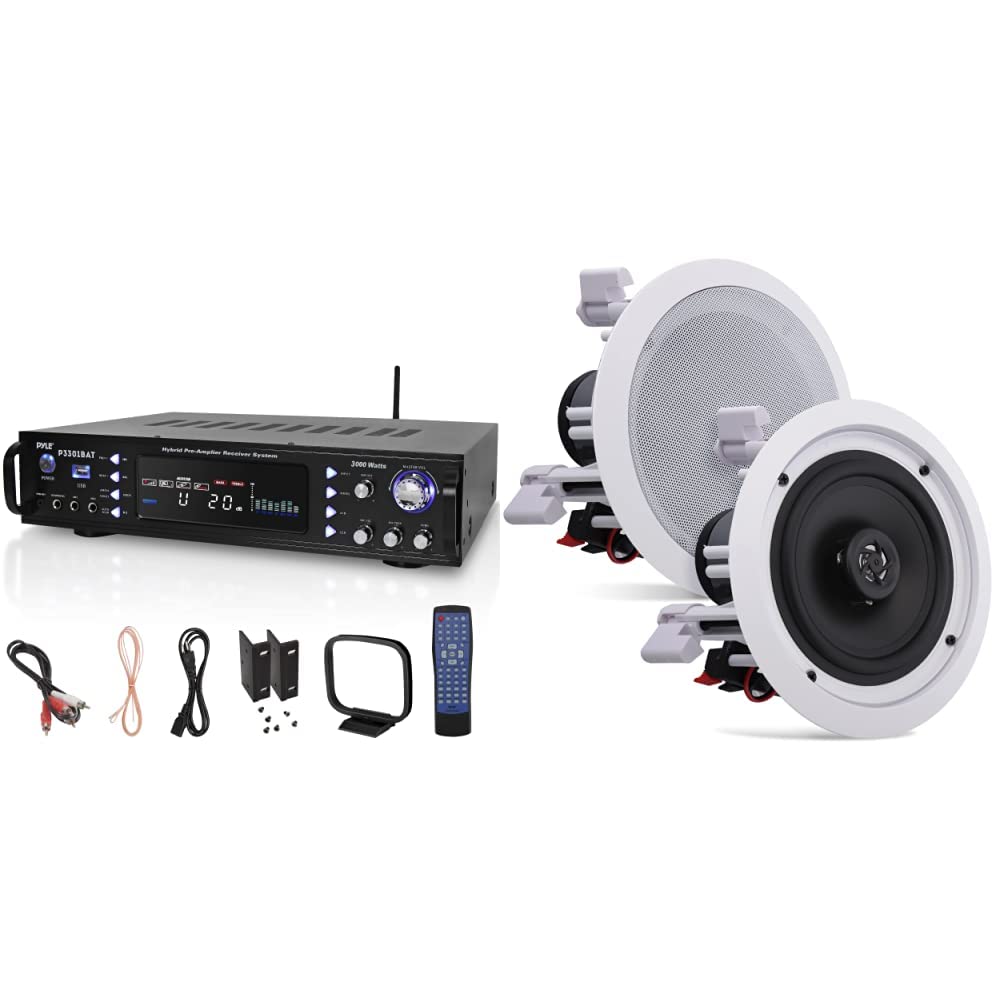 Pyle Wireless Bluetooth Home Stereo Amplifier and in-Wall Speaker System Bundle - 3000 Watt Bluetooth Receiver with AM/FM Radio, MP3/USB,AUX,RCA and 200W in-Wall Speakers (6.5") for Home Audio