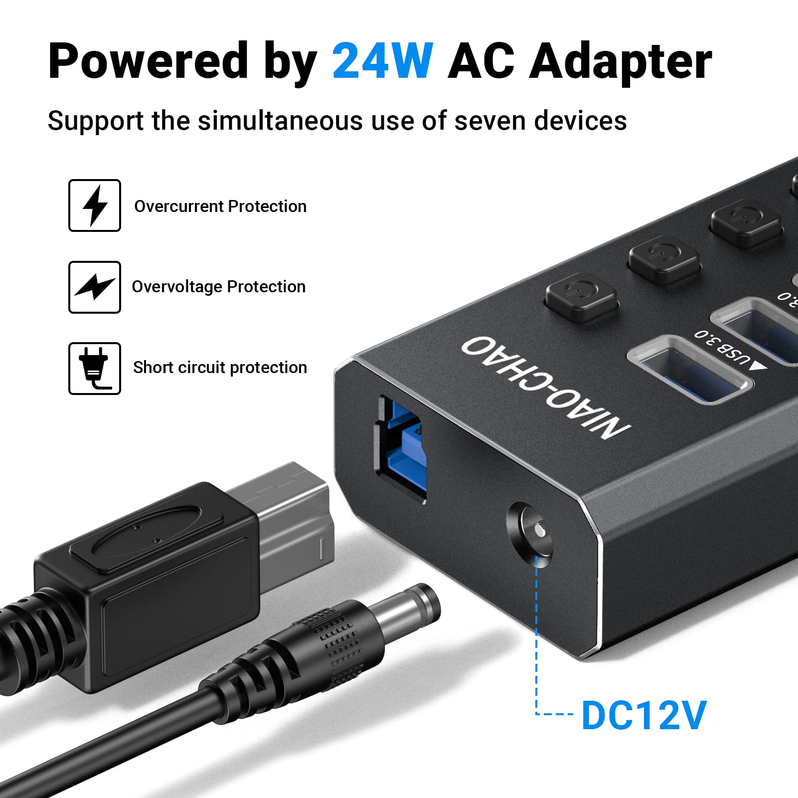 USB Hub 3.0 Powered, Leinsis 7-Port Powered USB C Hub with Individual Switches & 12V Power Adapter & 39'' Long Cable USB Expander Hub Splitter for MacBook Air Pro,Mac Mini,iMac All Laptops Desktops