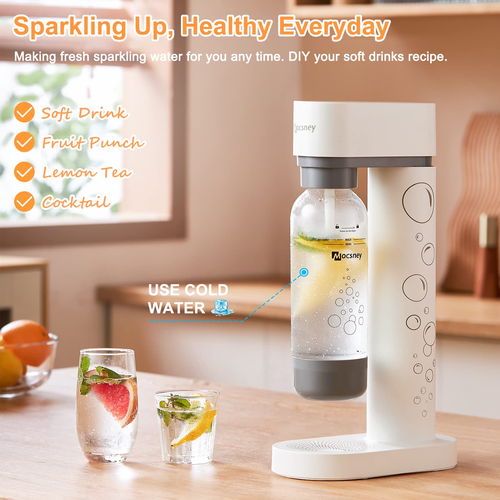 Mocsney Soda Maker, Sparkling Water Maker, Soda Maker Machine for Home Use with Safe-lock, Compatible with Any Screw-in 60L CO2 Cylinder (NOT Included)