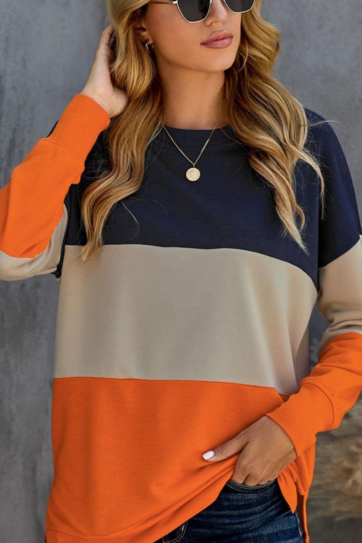 KINGFEN Womens Fall Fashion Clothes 2024 Oversized Crewneck Sweatshirt Long Sleeve Casual Shirts Plain Color Block Lightweight Pullover Sweatshirts No Hood Comfy Tops Outfits Sweaters Orange Large