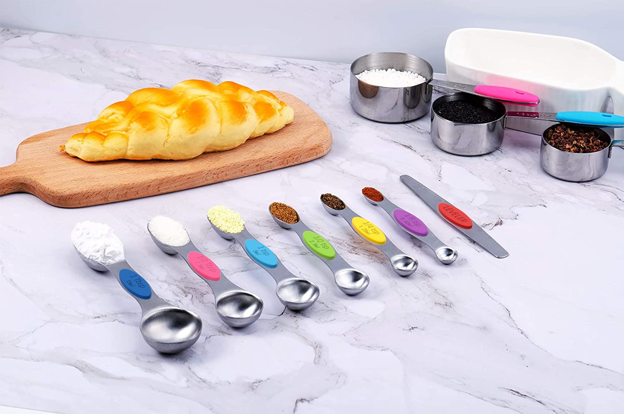 TILUCK measuring cups and magnetic measuring spoons set, stainless steel measuring cups, 6 double-sided stainless steel measuring spoons & 1 leveler (7+7)