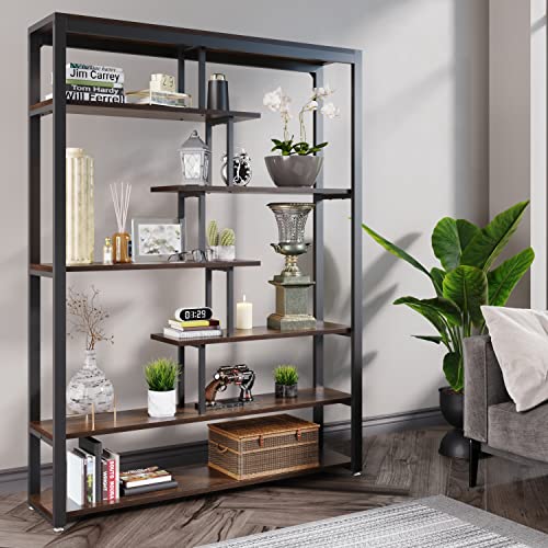 Wildhome 7-Shelves Staggered Bookshelf, 71 Inch Extra Tall Bookcase,Vintage Book Shelves Display Shelf Organizer for Office, Study Room, Living Room,(Retro Brown)