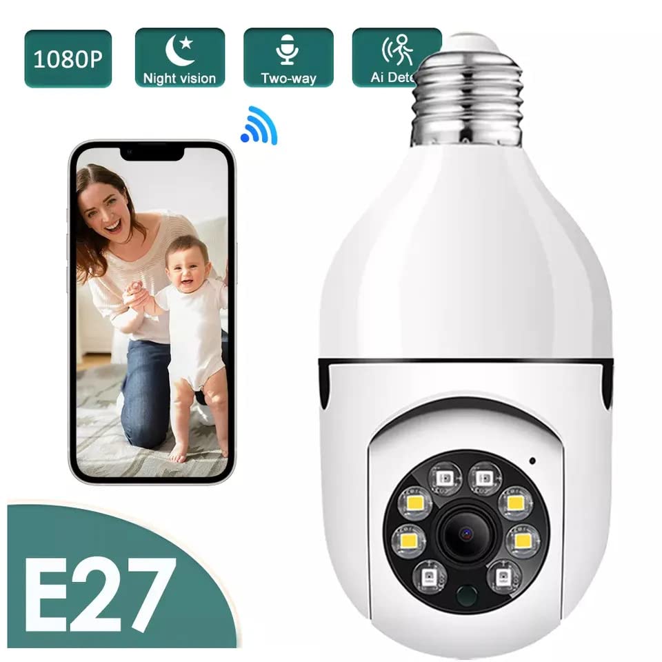 Light Bulb Security Camera Light Socket E27 Lightbulb Camera, 2.4G WiFi Wireless Camera for Home Security with Motion Tracking, Easy Installation, SD and Cloud Storage.