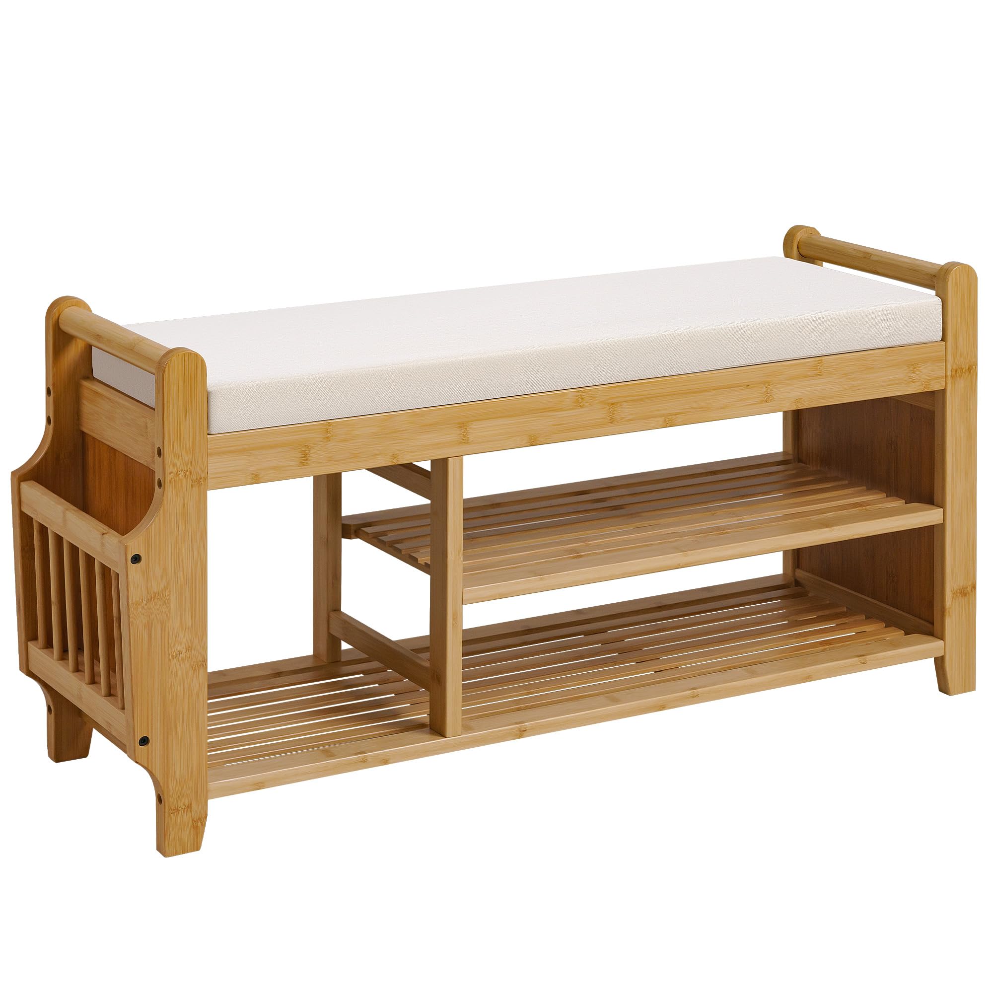 YESHOMY 2 Tier Shoe Rack Bench with Hidden Drawer and Side Holder, Bamboo Storage Organizer for Entryway Hallway Living Room, Nature