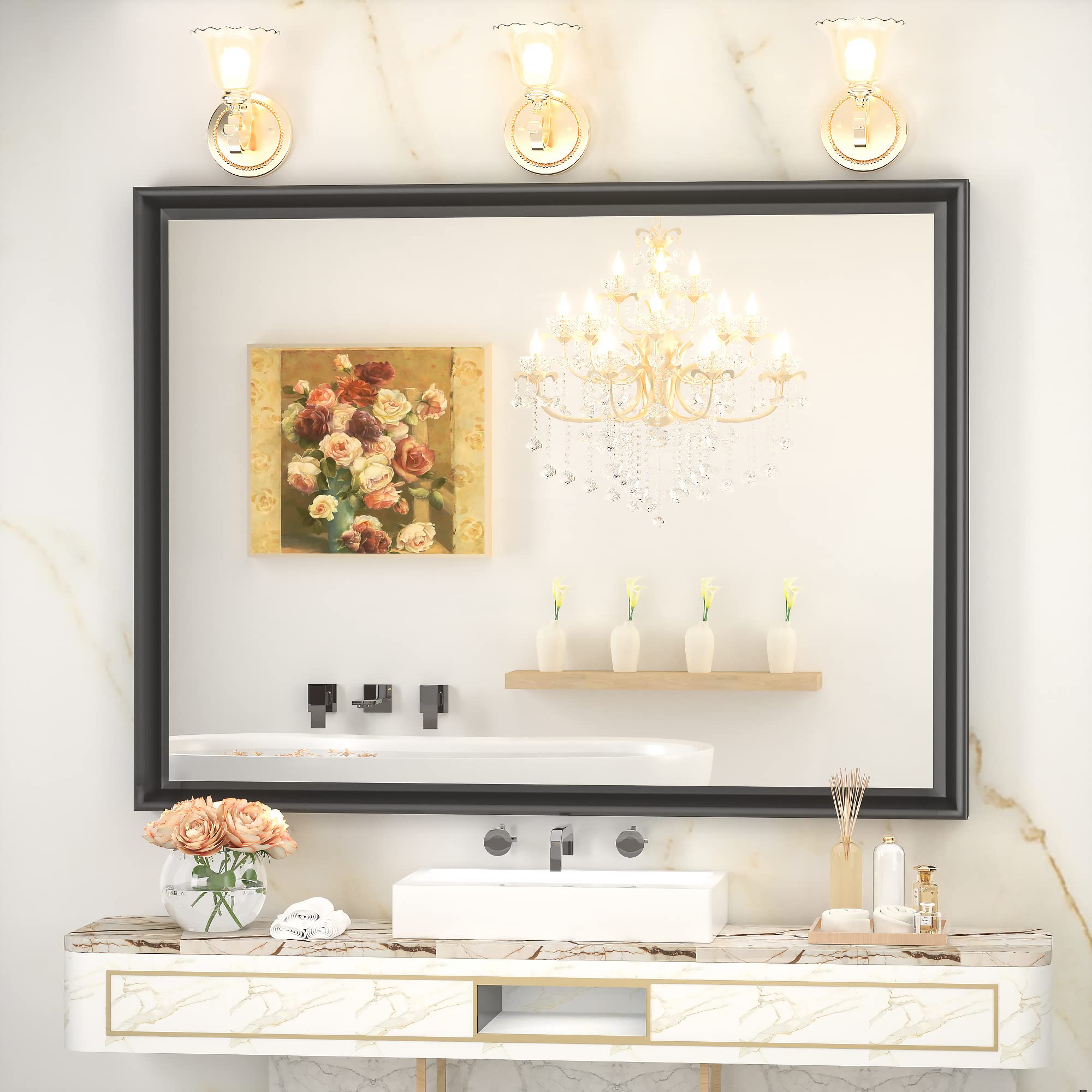 Vosuja 55 x 36 Inch Bathroom Mirrors for Vanity, Black Mirror for Bathroom, Wall Mirror for Bathroom in Aluminum Alloy Metal Frame, Rectangular Wall Mounted Mirror (Horizontal/Vertical)