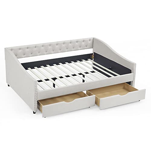 YUNLife Full Size Upholstered Daybed with Two Storage Drawers,Full Polyester Sofa Bed Storage Daybed Frame with Button on Back and Copper Nail on Waved Shape Arms for Bedroom Guest Room