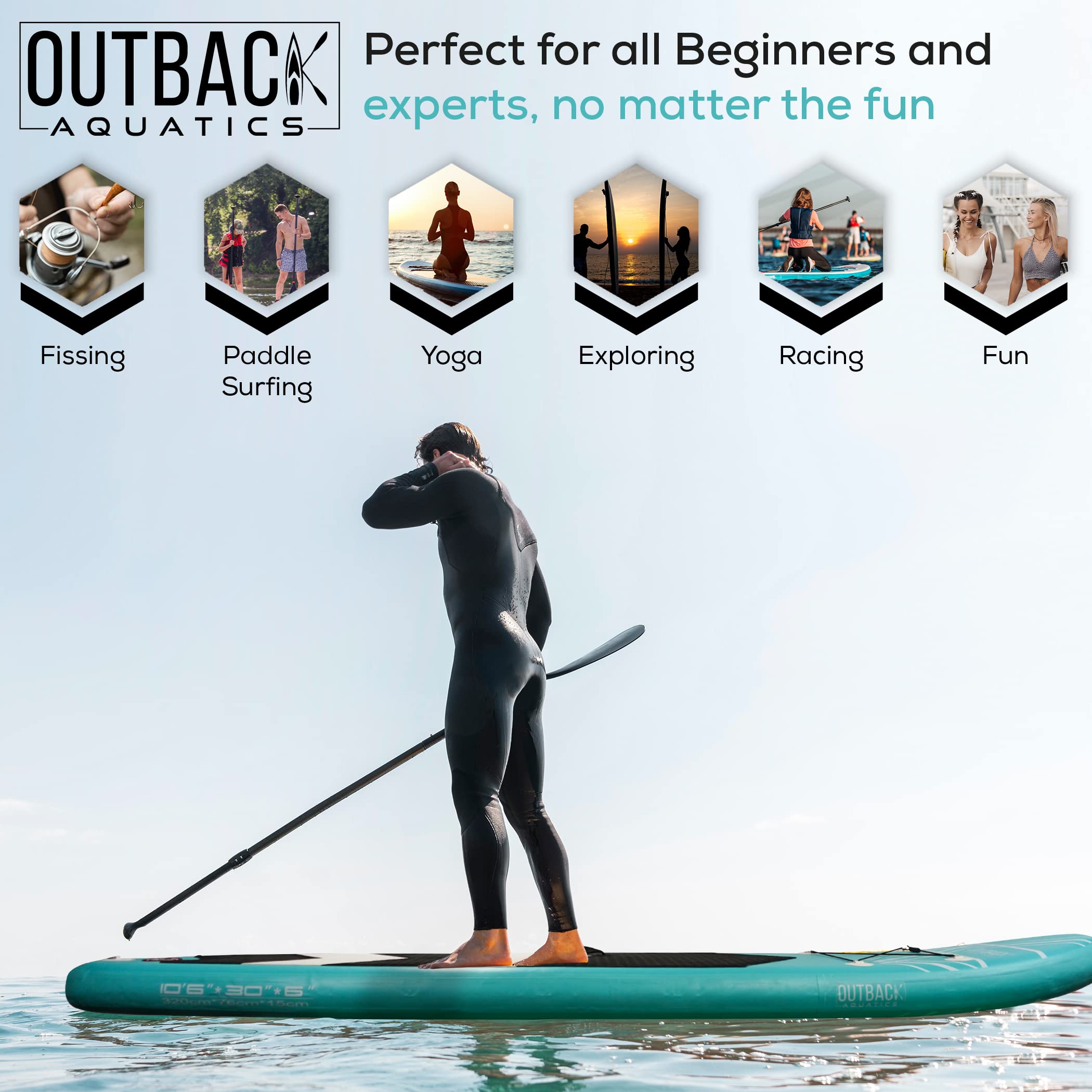 Outback Aquatics Inflatable Paddle Board with Premium SUP Paddle Board Accessories - 10ft 6" Non-Slip with Ankle Safety Leash, Aluminium Paddle, Air Pump, Storage Bag, Lightweight and Portable