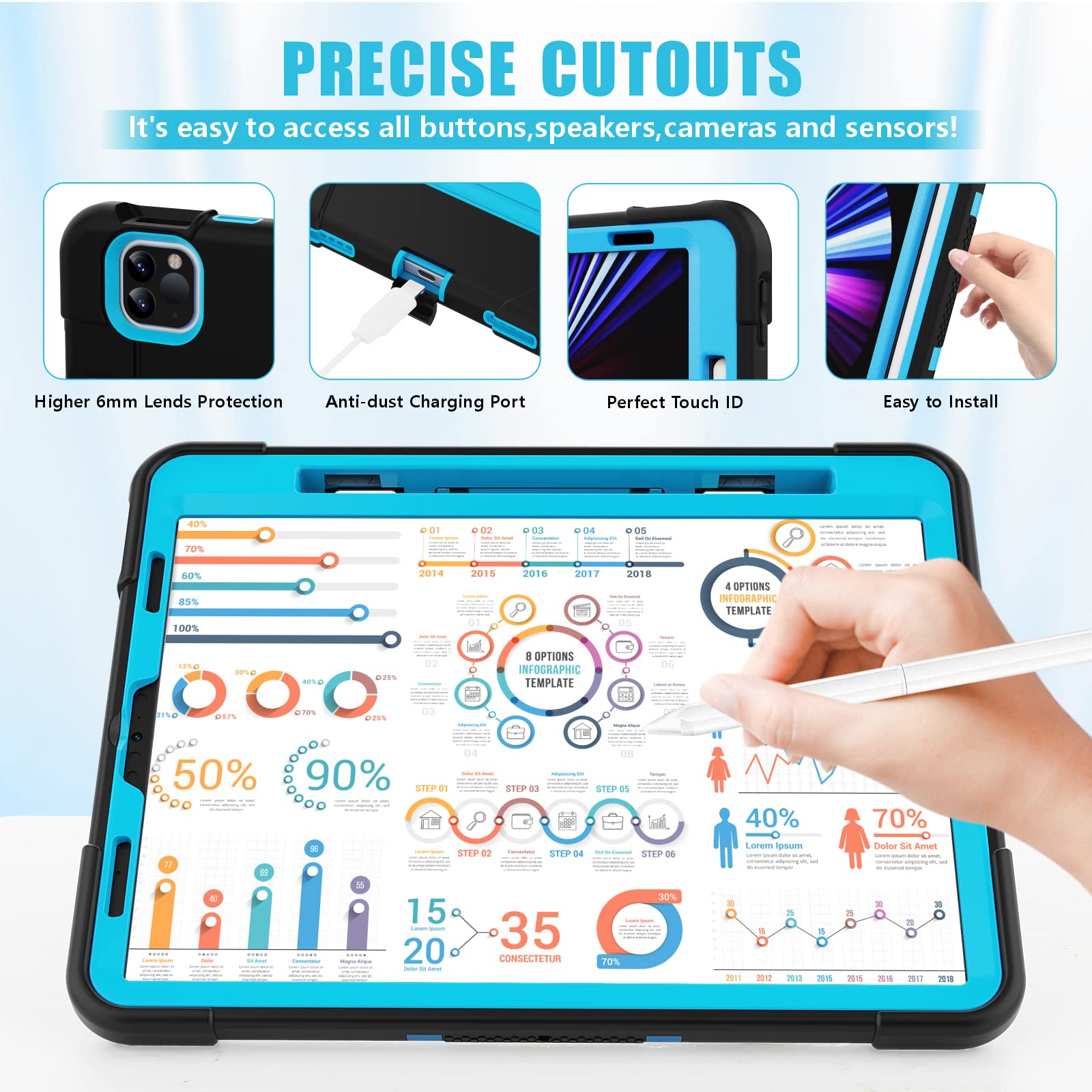 WESOROL Case for New iPad Pro 11 Inch Case 2022(4th Gen)/2021(3rd Gen)/2020(2nd Gen) with Pencil Holder,iPad 10.9 Case with Screen Protector,4 in 1 Heavy Duty Shockproof Case for iPad Air 5/4 Case